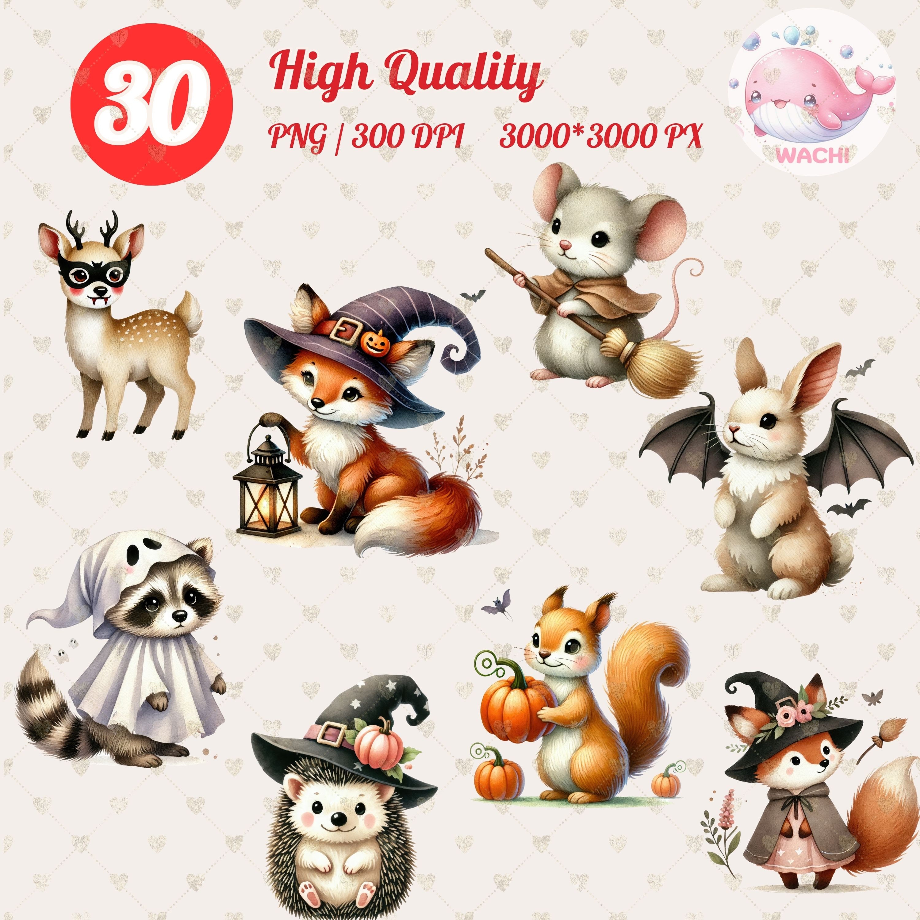 Halloween Animal PNG Clipart Bundle, Woodland Animals in Witch Costumes ...