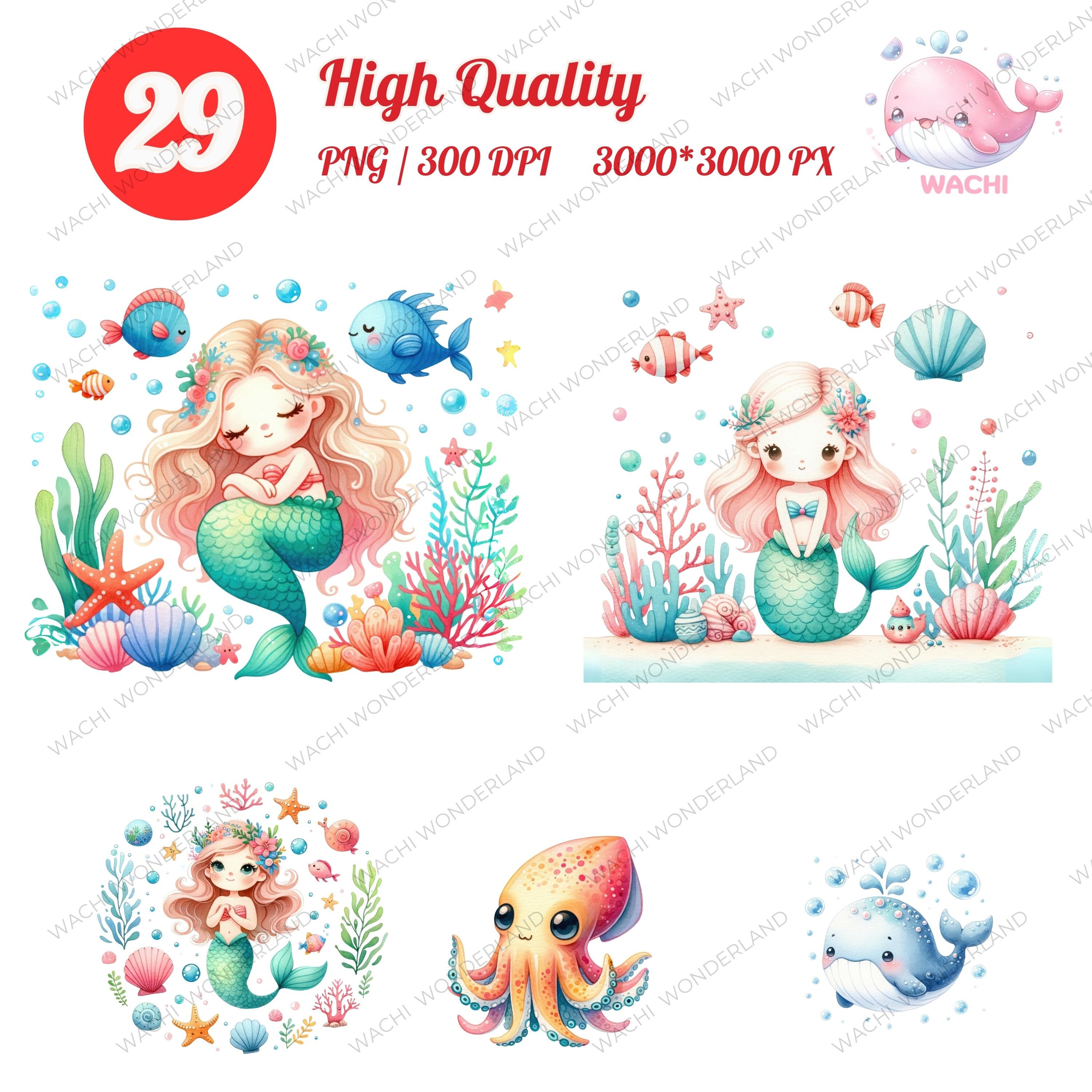 Cute Mermaid Birthday Baby Shower Watercolor Clipart Bundle Underwater ...