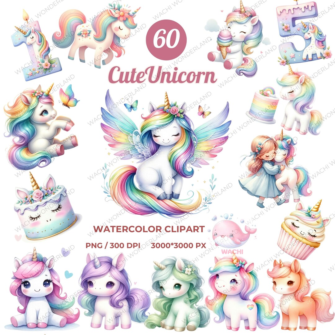 Cute Unicorn Watercolor, Unicor N Rainbowe Unicorne Unico Rns Unicorn ...