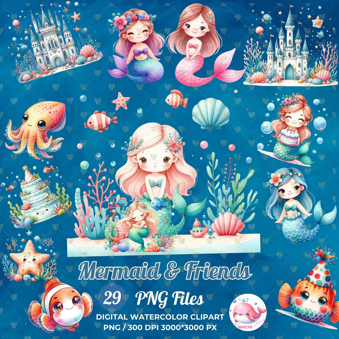 Cute Mermaid Birthday Baby Shower Watercolor Clipart Bundle Underwater ...