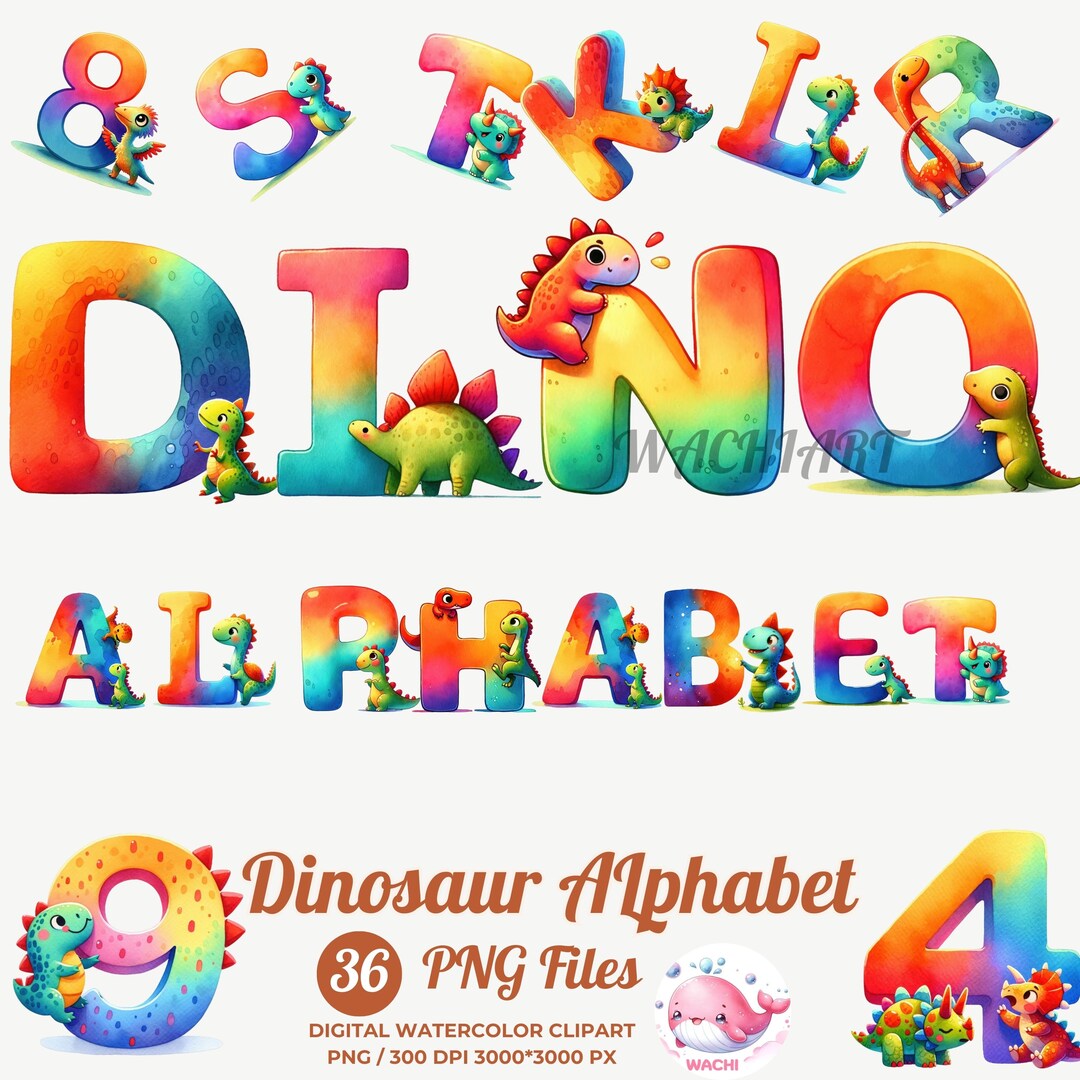 Dinosaur Alphabet, Kids Educational Art, Digital Dino Water Color Dino ...