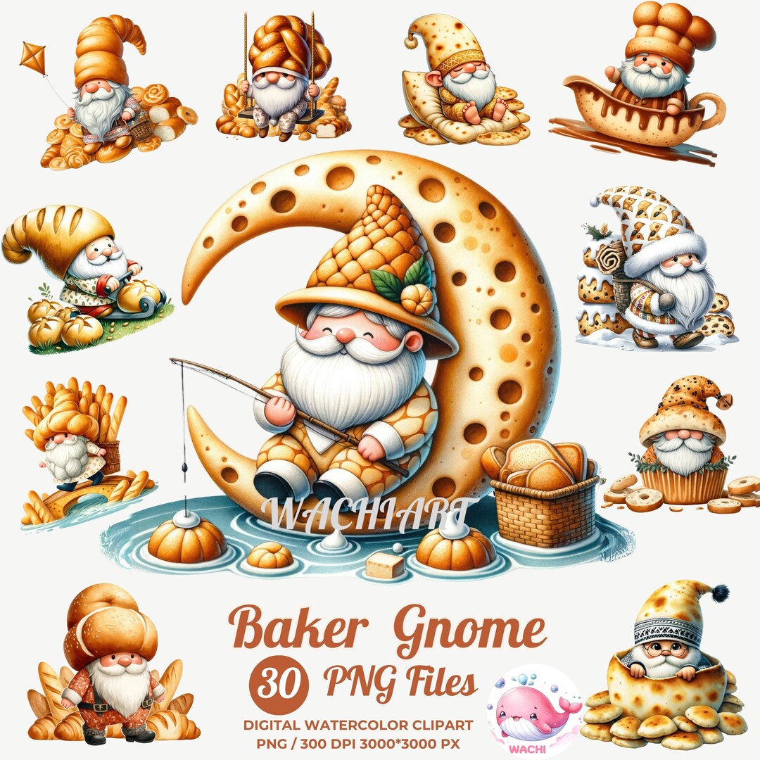 Baker Gnome Watercolor Clipart, Pastry Elf PNG, Gnome Baking Art ...