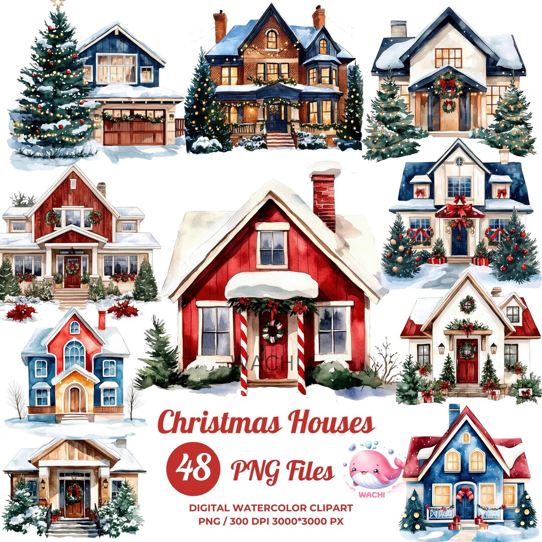 Christmas House Clipart: Snowy Winter Village (PNG, 300 DPI) - Etsy