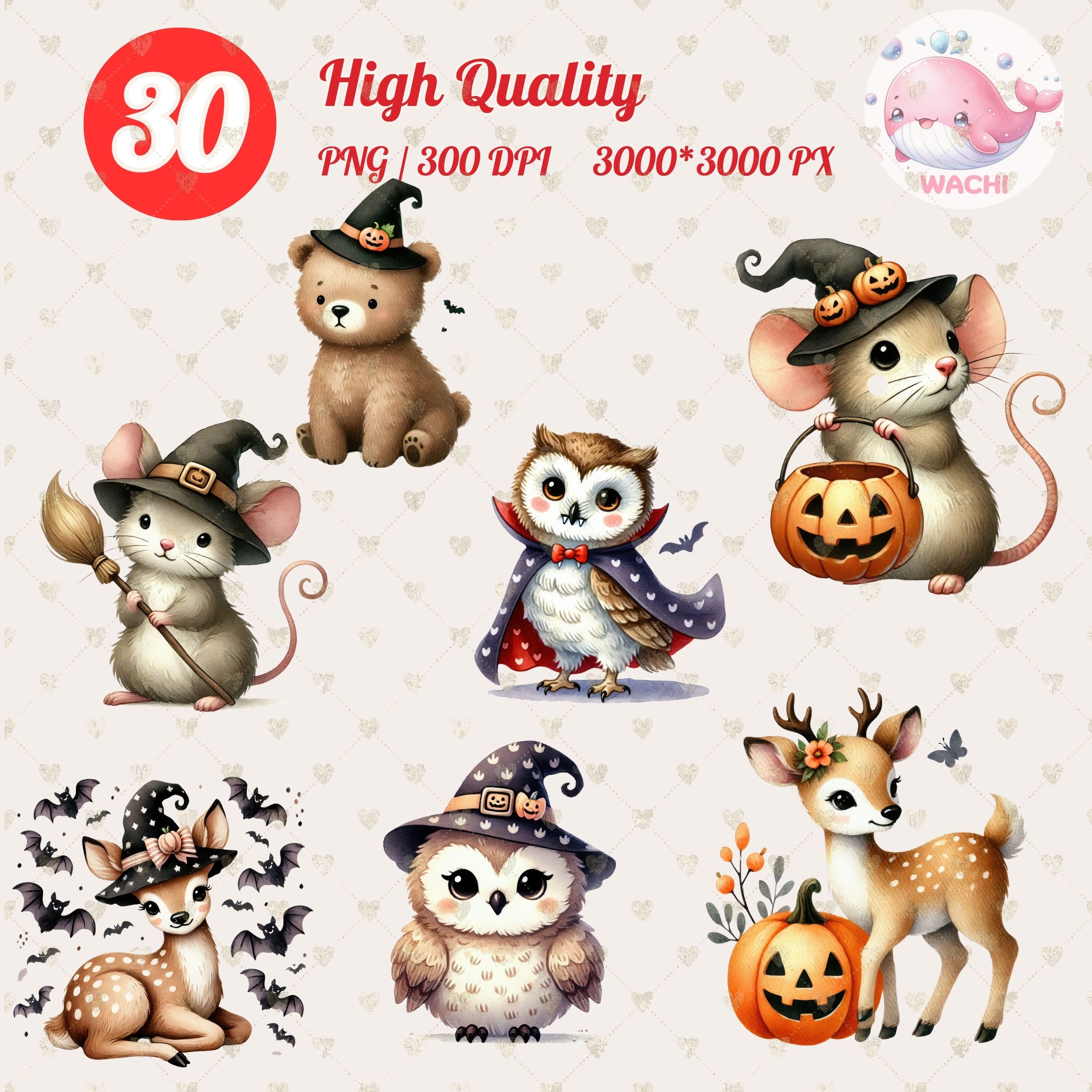 Halloween Animal PNG Clipart Bundle, Woodland Animals in Witch Costumes ...