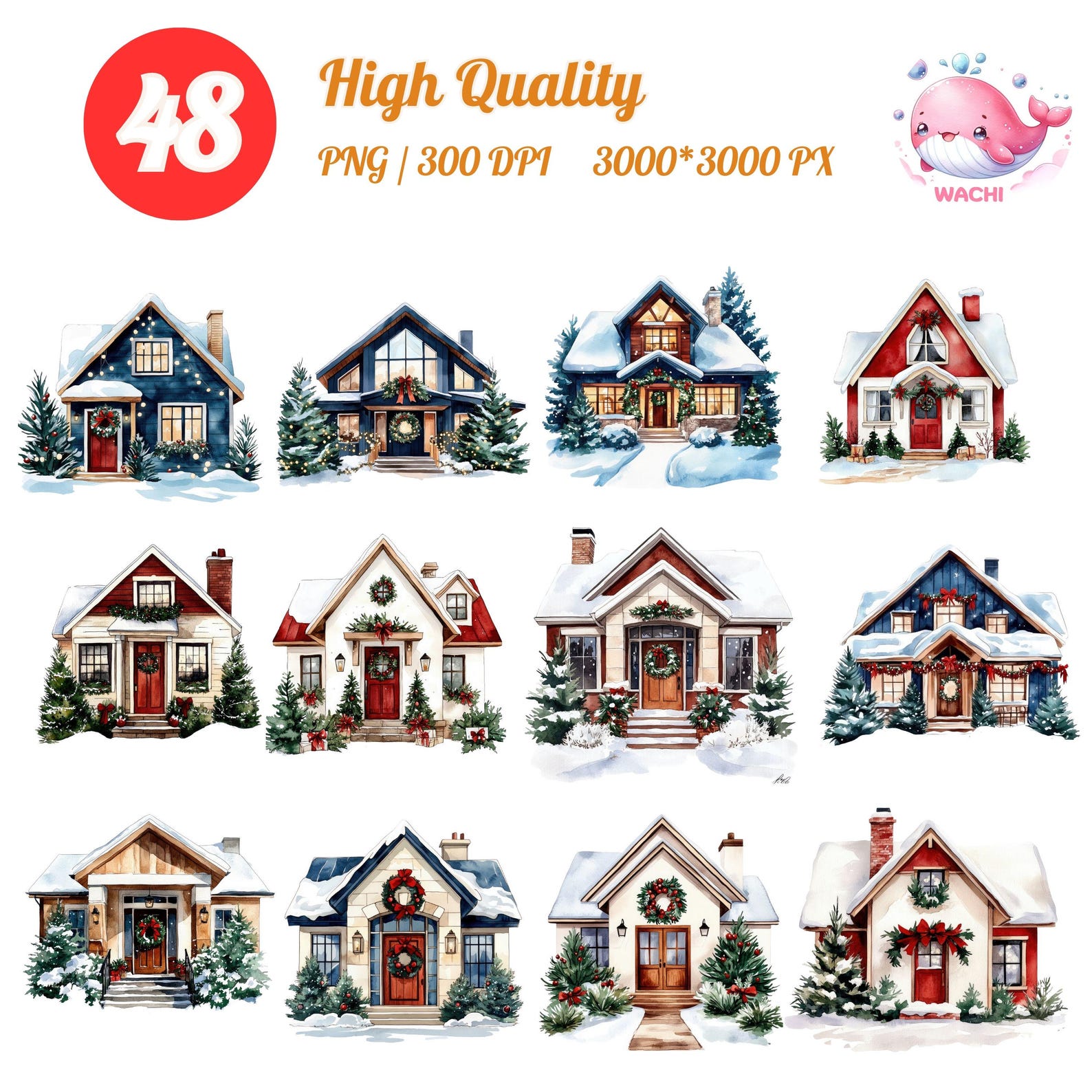 Christmas House Clipart: Snowy Winter Village (PNG, 300 DPI) - Etsy
