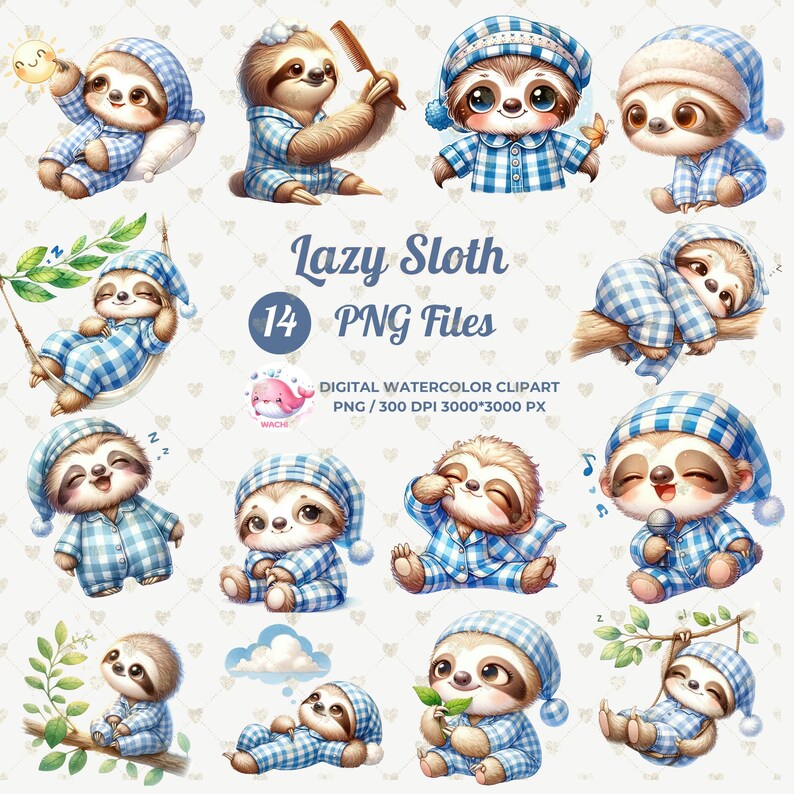 Lazy Cute Sloth Clipart Birthday Card Pajama Baby Sloth Sleep Daily ...