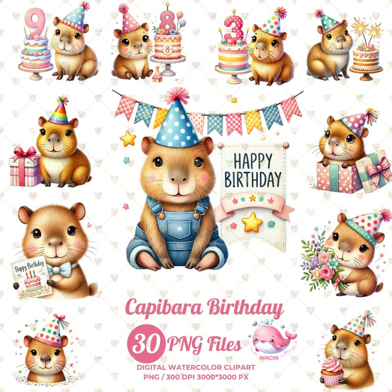 Capybara Birthday Clipart: Watercolor PNG Bundle (32 Files) - Etsy