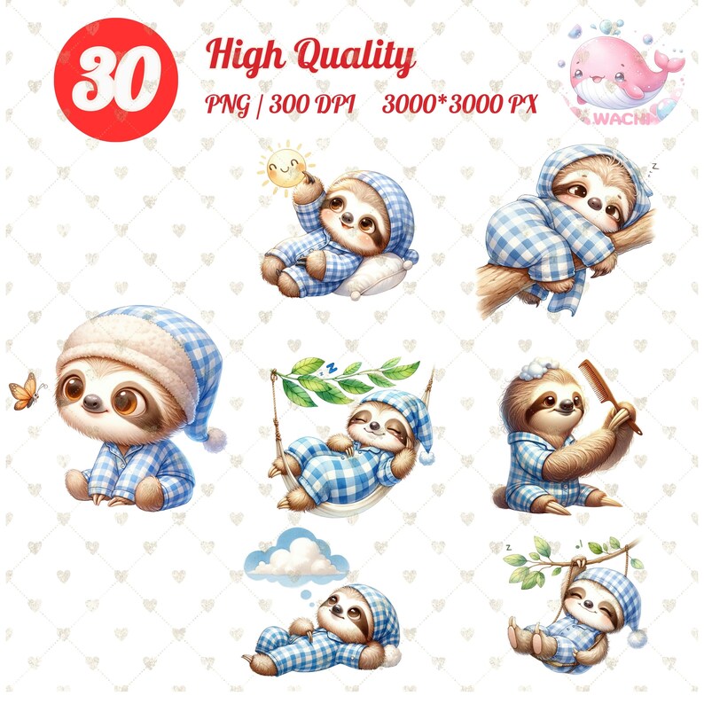Lazy Cute Sloth Clipart Birthday Card Pajama Baby Sloth Sleep Daily ...
