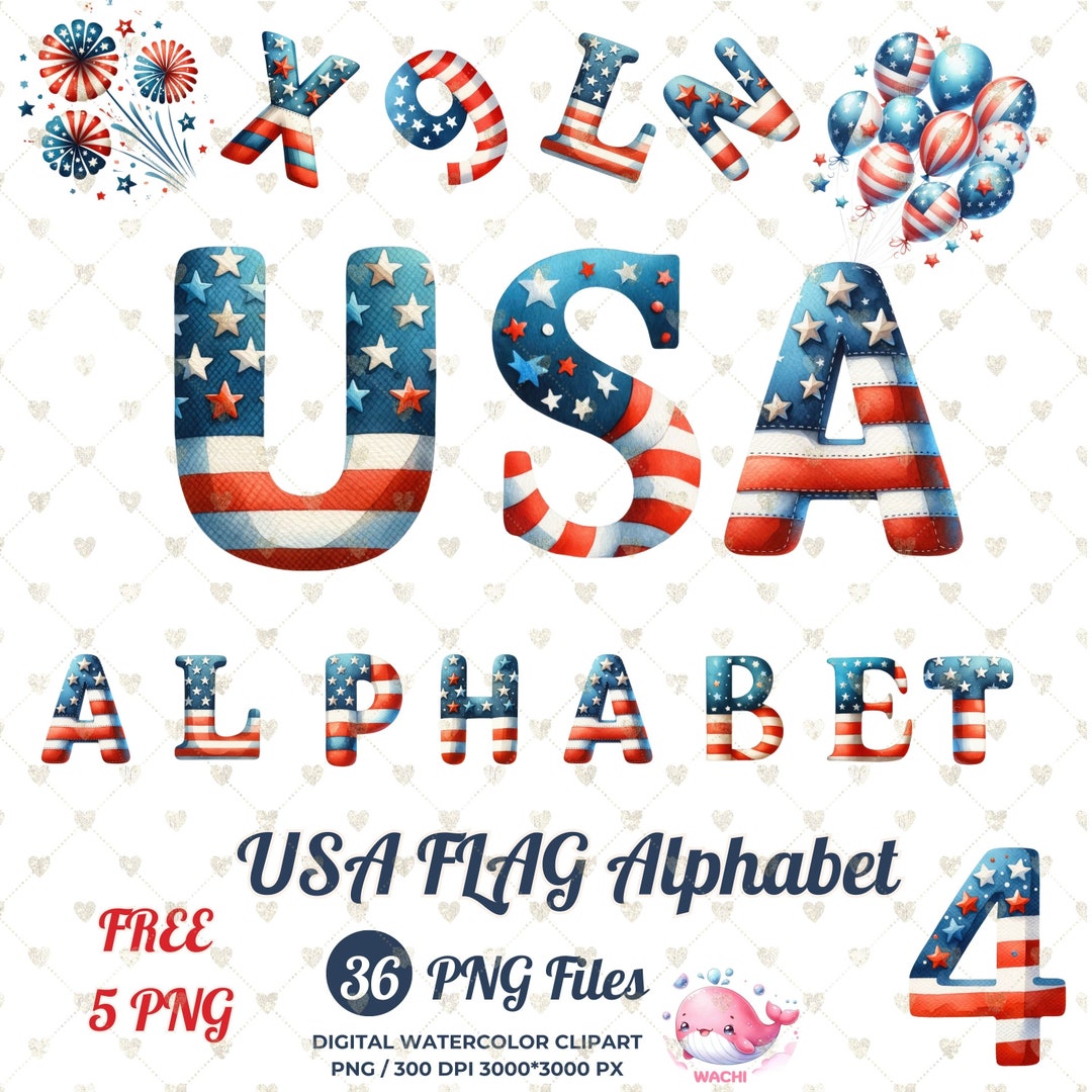 Patriotic Doodle Alphabet Bundle, 4th of July Letters, USA FLAG ...