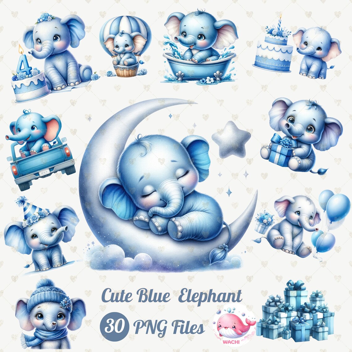 Blue Elephant Clip, Baby Elephant Art, Elephant Watercolor ...