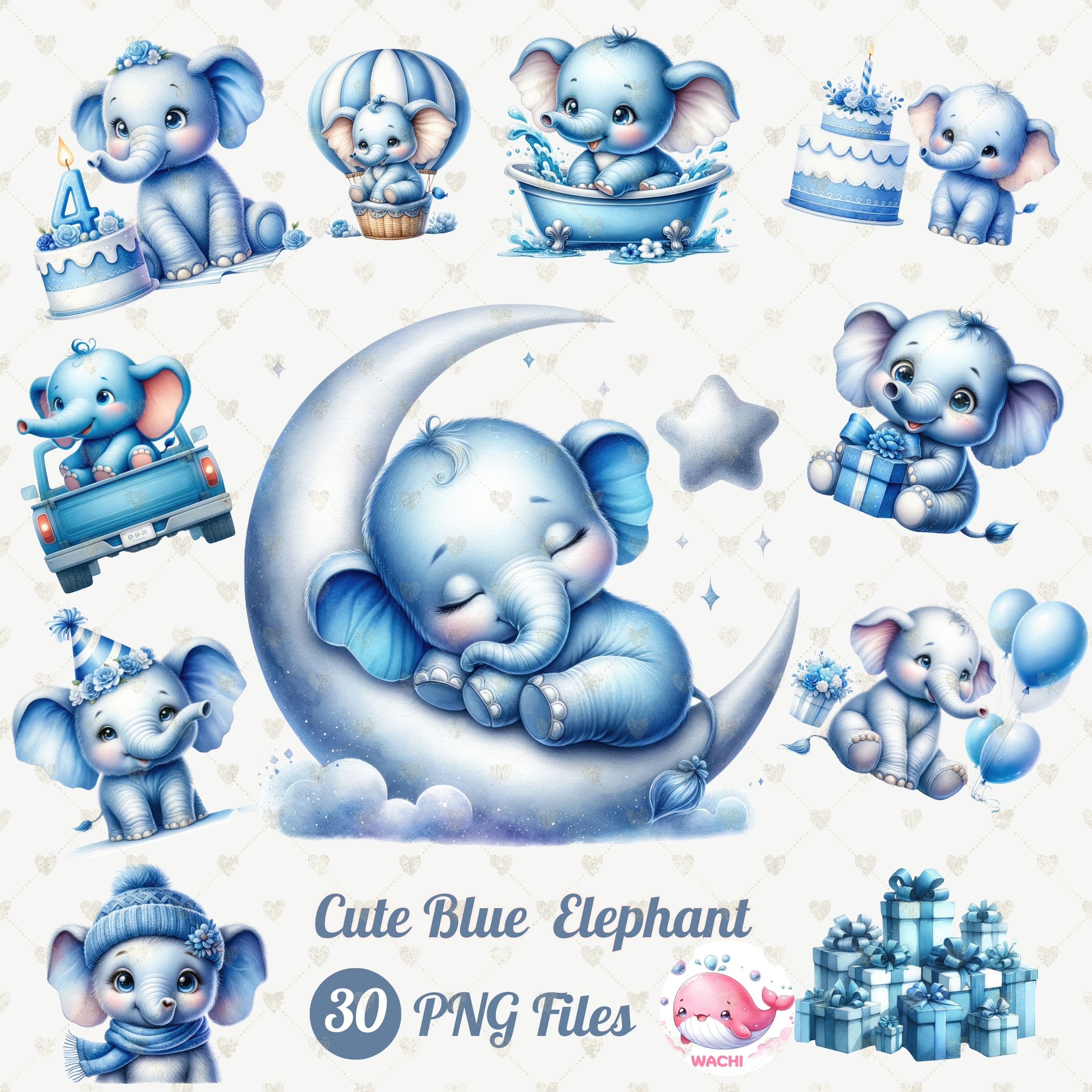 Blue Elephant Clip, Baby Elephant Art, Elephant Watercolor ...