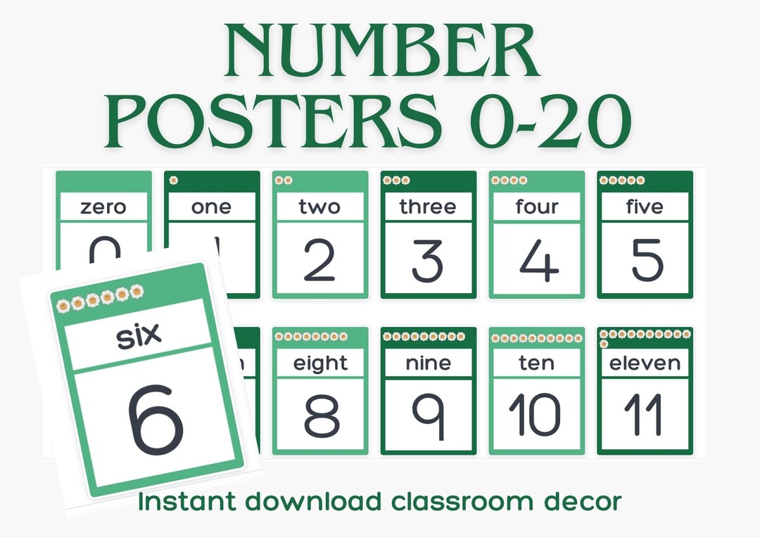 Classroom Number Posters 0-20, Two-toned Green and Flower Design - Etsy
