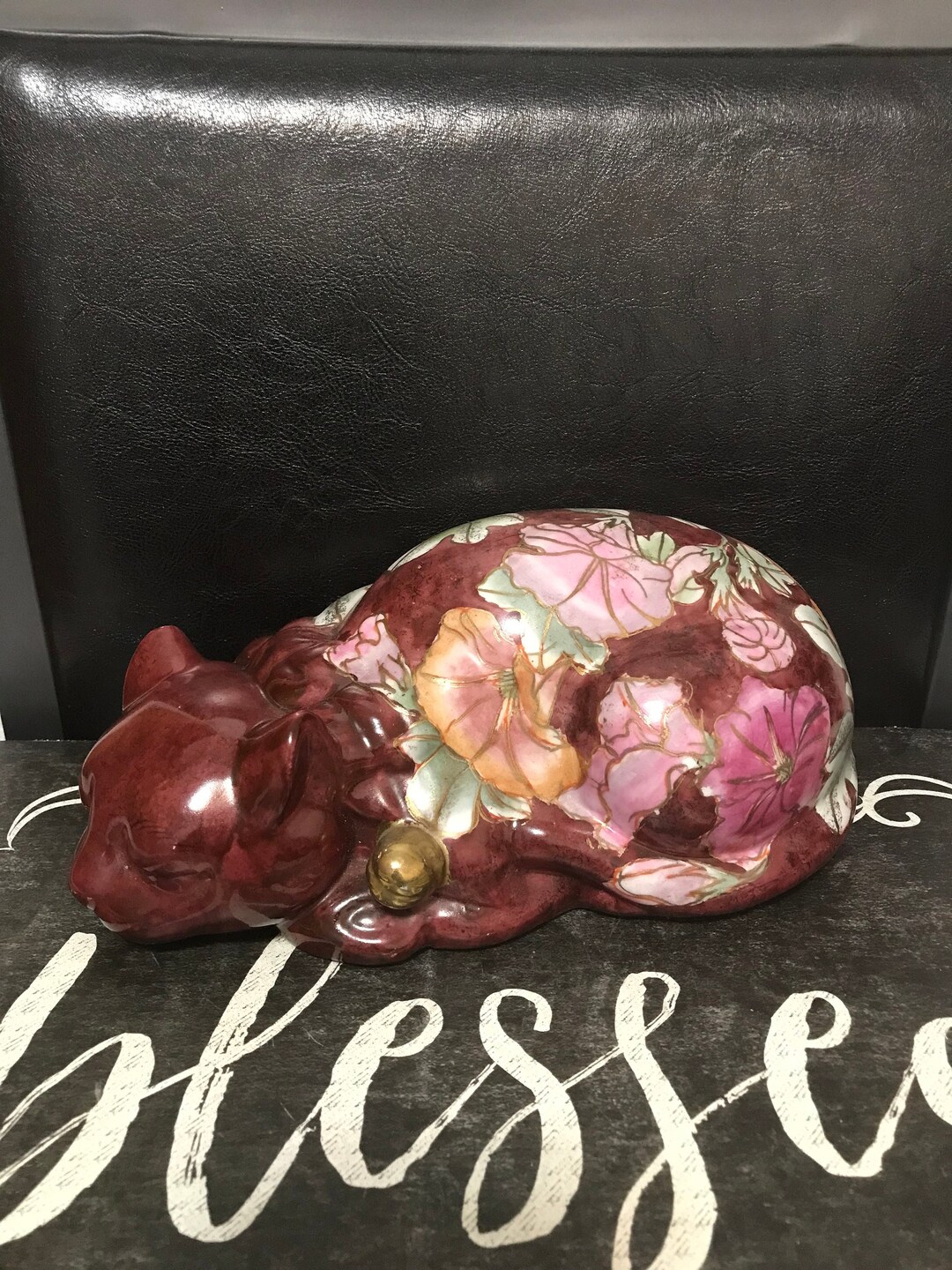 Vintage Chinese Maroon Multicolor Floral Hand Painted Kitten Asleep ...