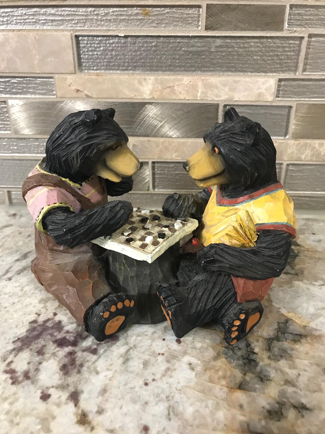 Two Grizzley Black Bears Sitting Playing Checkers Figurine Sculpture ...