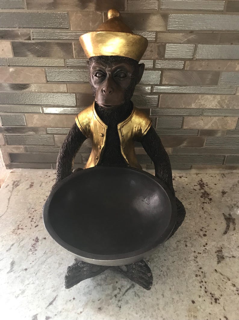 Good Luck Monkey Statue Wearing Gold Hat and Vest Sitting With Bowl ...