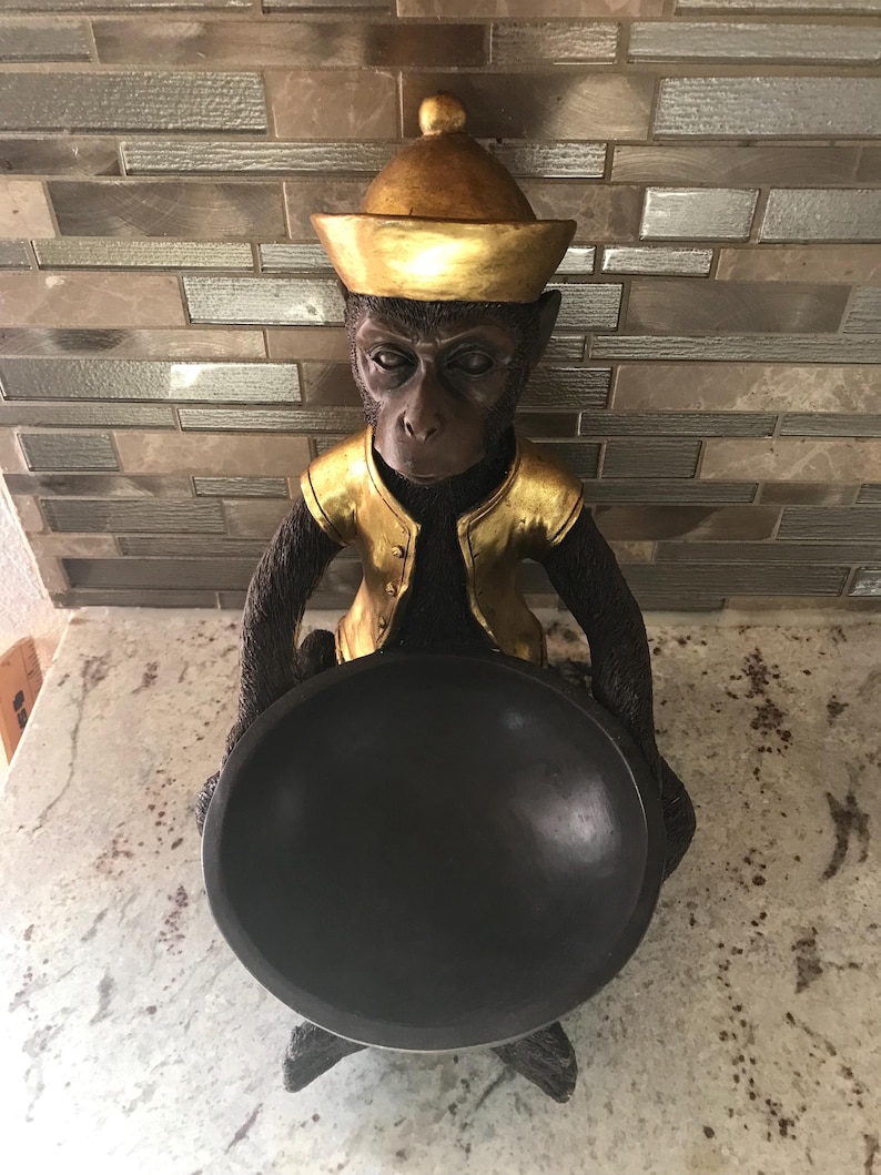 Good Luck Monkey Statue Wearing Gold Hat and Vest Sitting With Bowl ...