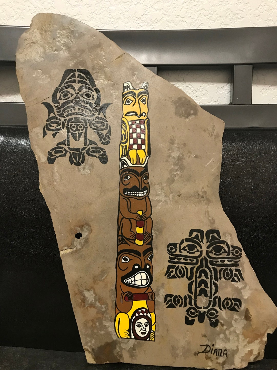 Vintage Native American Totem Pole Painting Artwork on A Sheet of Rock ...