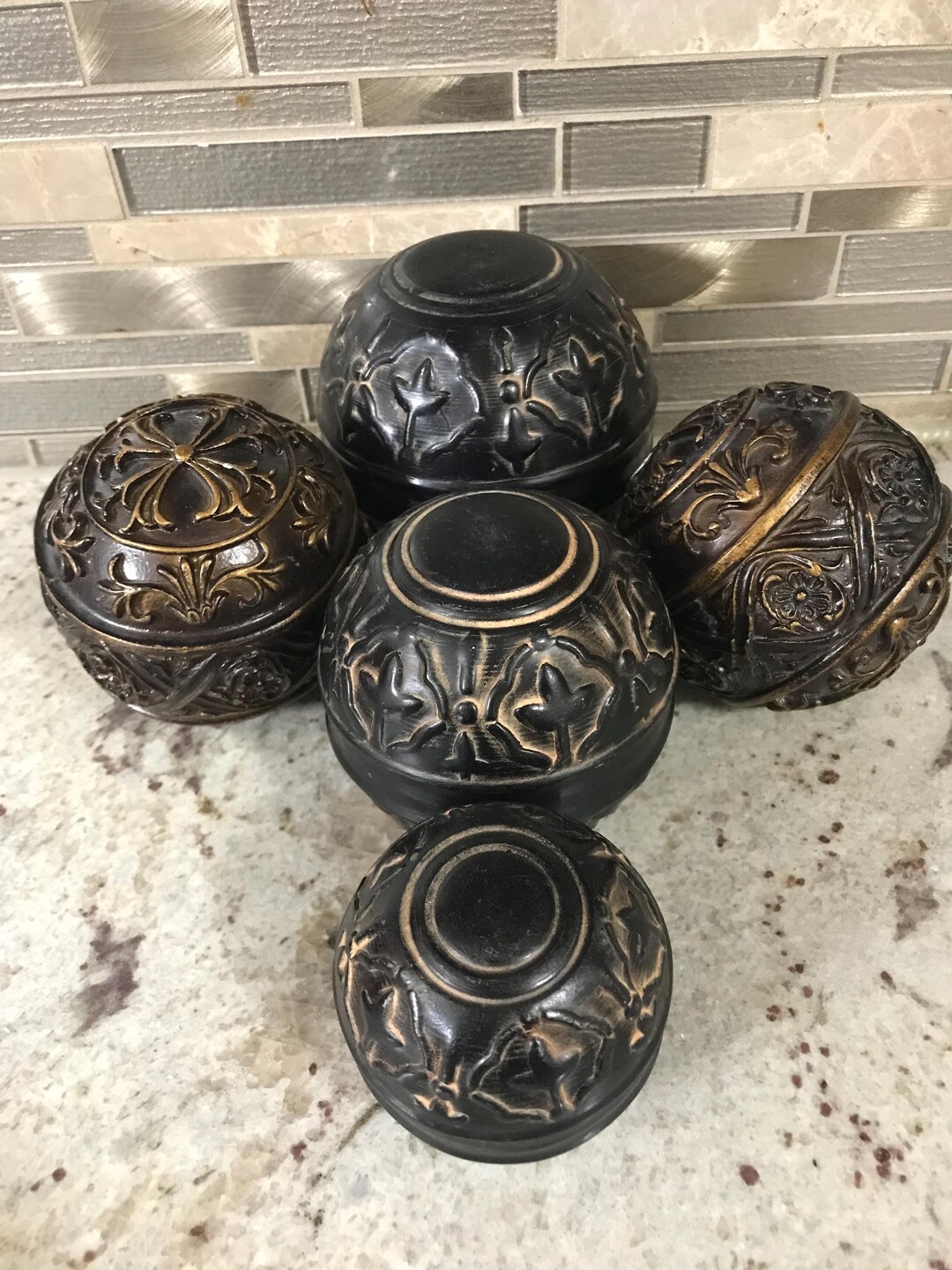 Five Decorative Ornate Orbs Sphere 3 Metal & 2 Resin Embossed Patterns ...