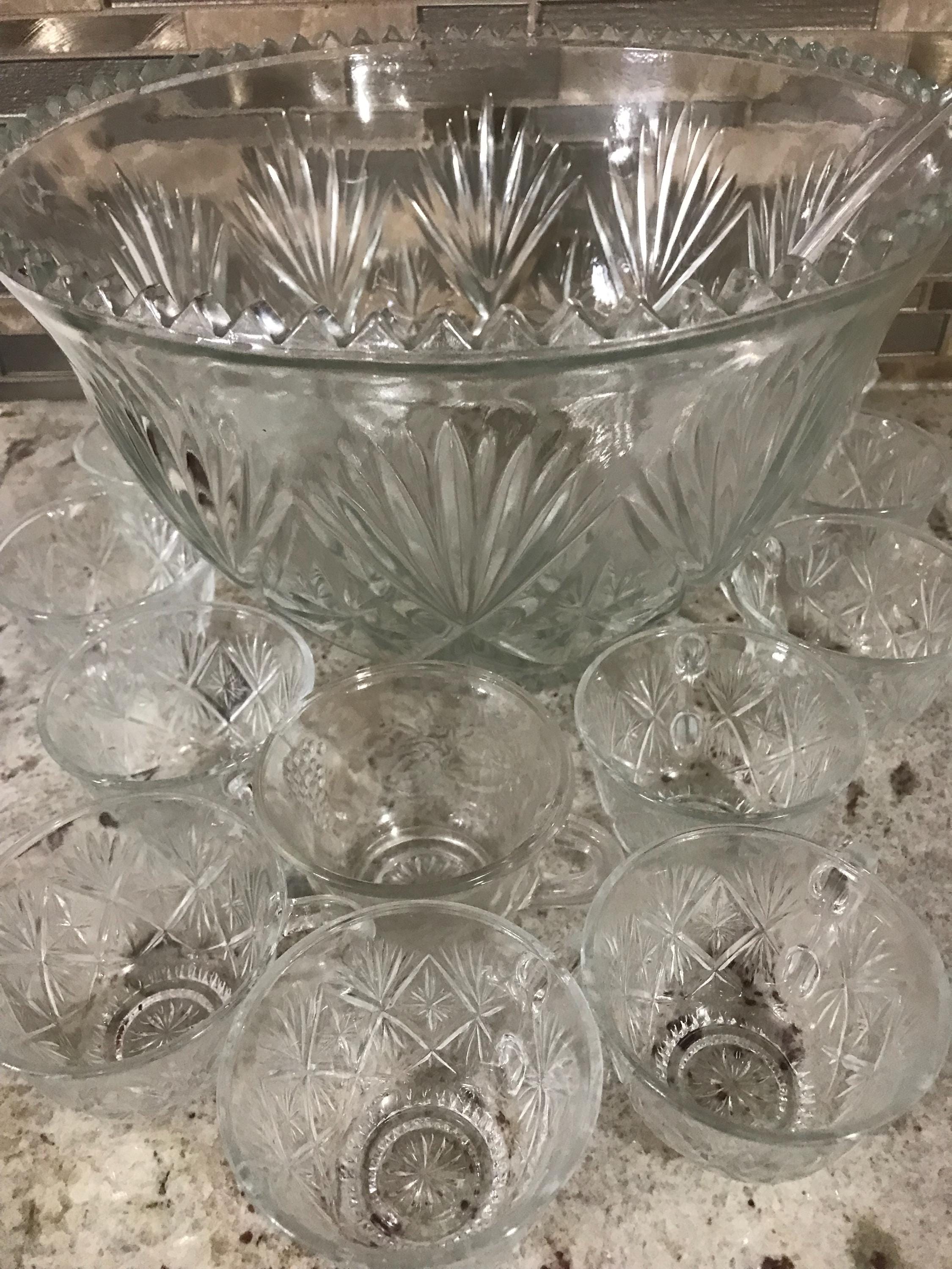 Hazelware Prescut Crystal Leaf Sawtooth Rim Punch Bowl Eleven Cups ...