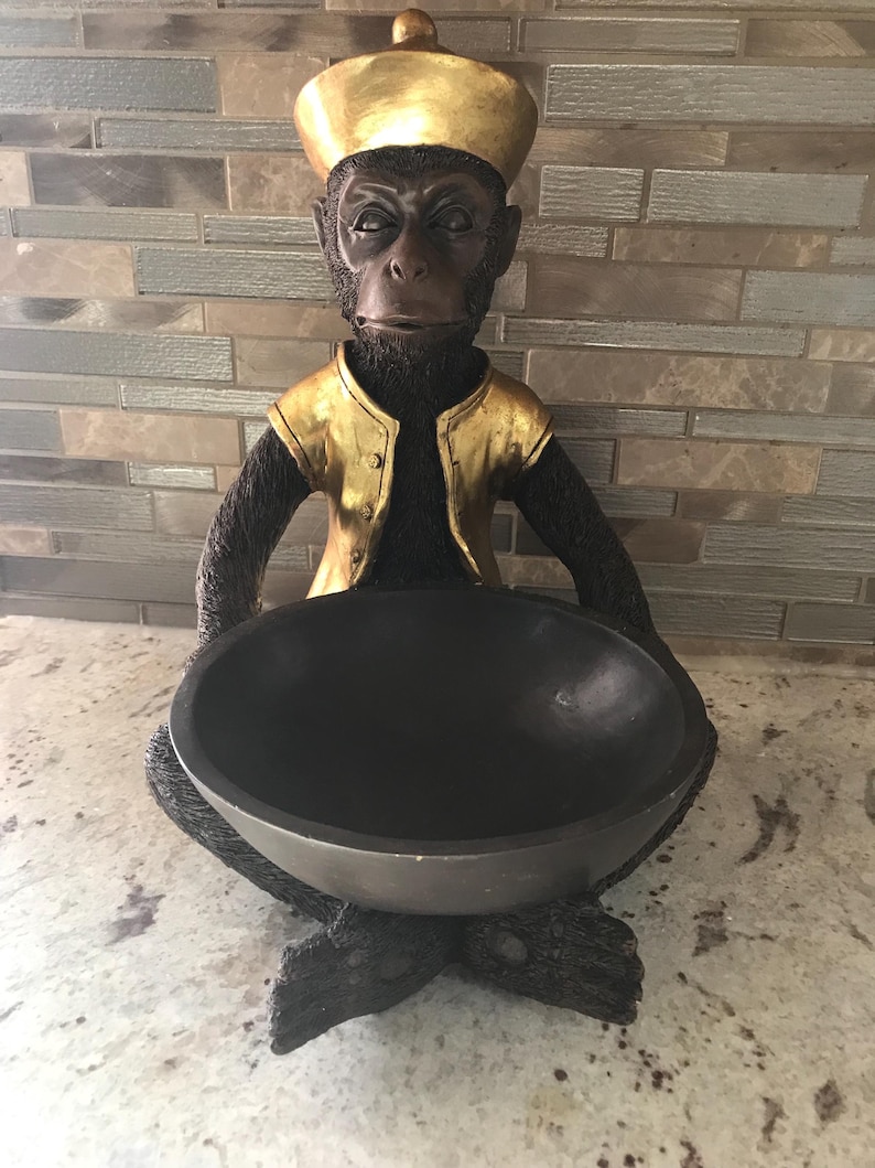 Good Luck Monkey Statue Wearing Gold Hat and Vest Sitting With Bowl ...
