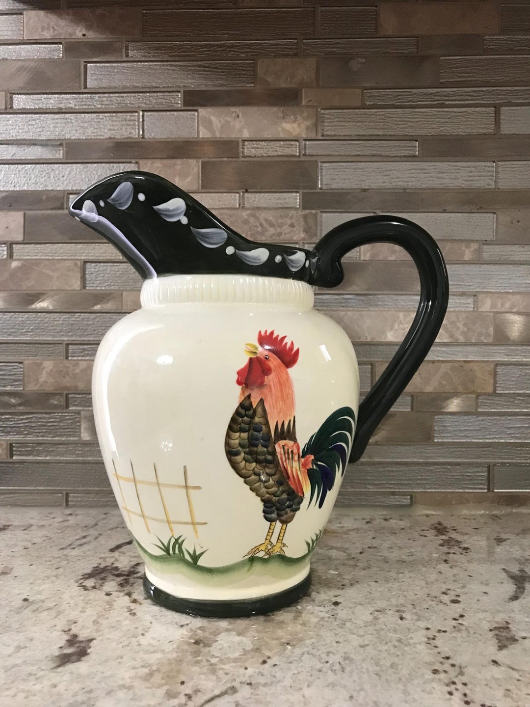 Large Beige Hand Painted Rooster With Green Handle Pitcher Water Jug ...