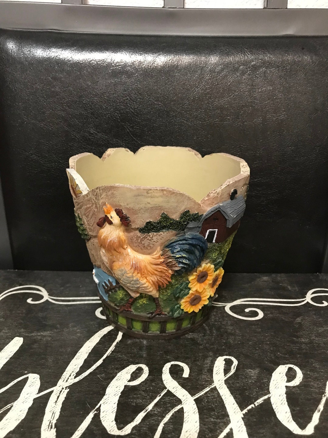 Ganz Rooster Hand Made Planter With 3D Beautiful Hand Painted Scenery ...