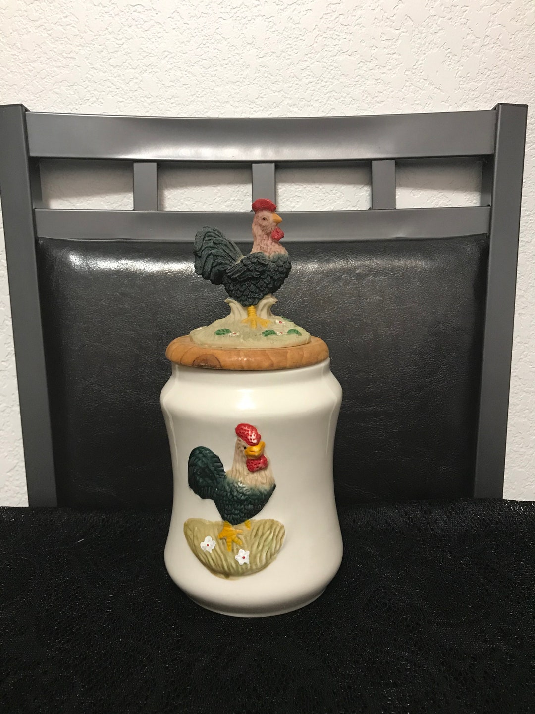 SEI Ceramic Roosters Canister Jar Resin Rooster With Wooden Top Lid (9. ...