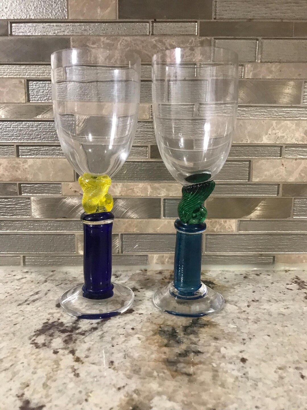 Two Unique Hand Crafted Hand Blown Goblet Cups Wine Glasses With Thick ...