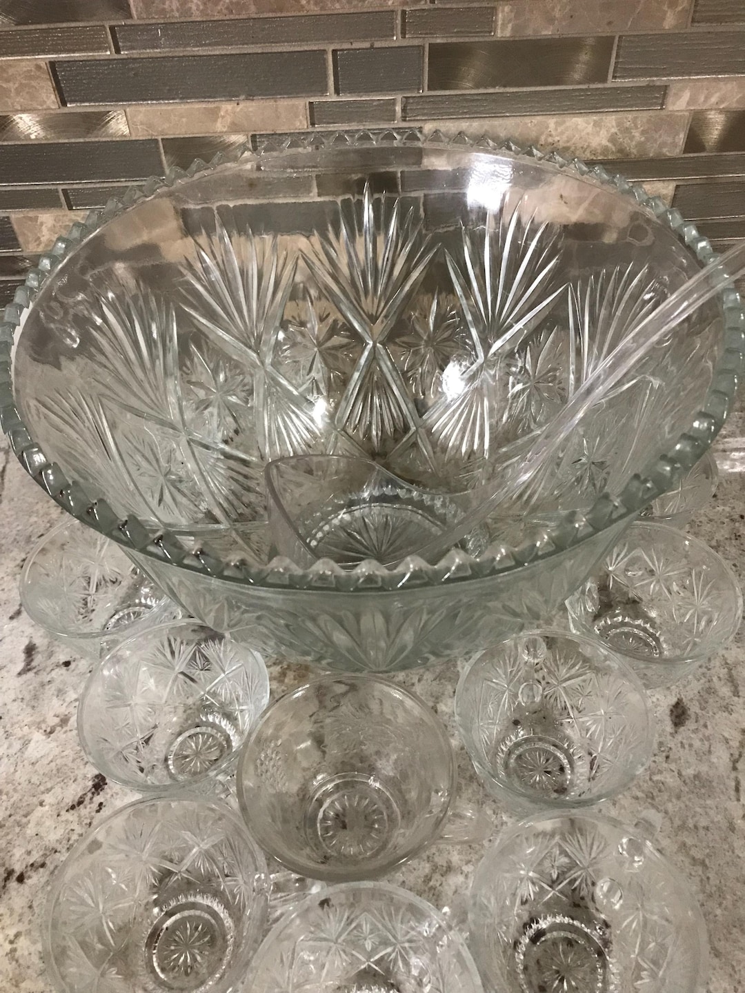 Hazelware Prescut Crystal Leaf Sawtooth Rim Punch Bowl Eleven Cups ...