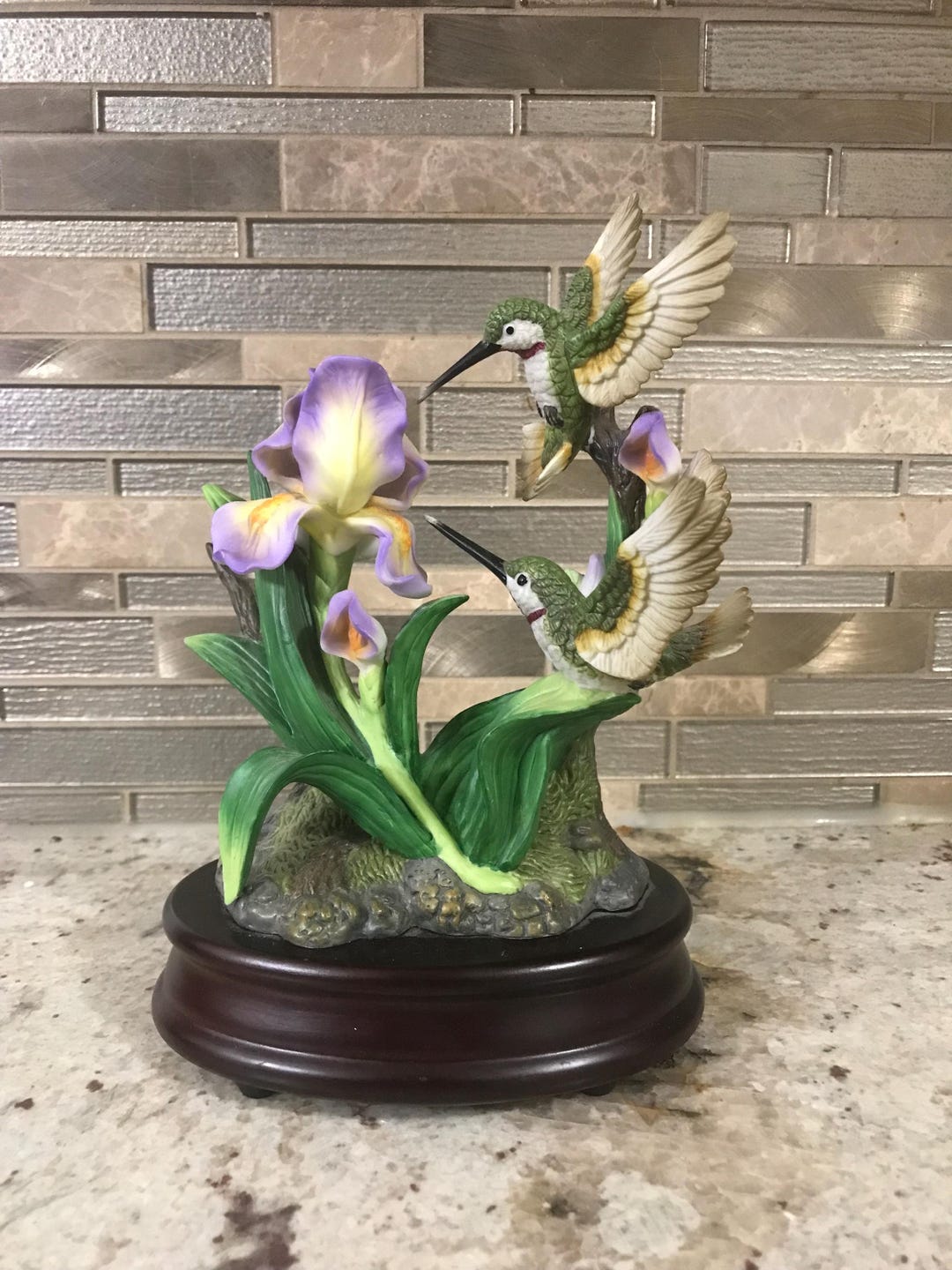 Hummingbirds Figurine With Iris Flowers on Wooden Stand Music Box San ...