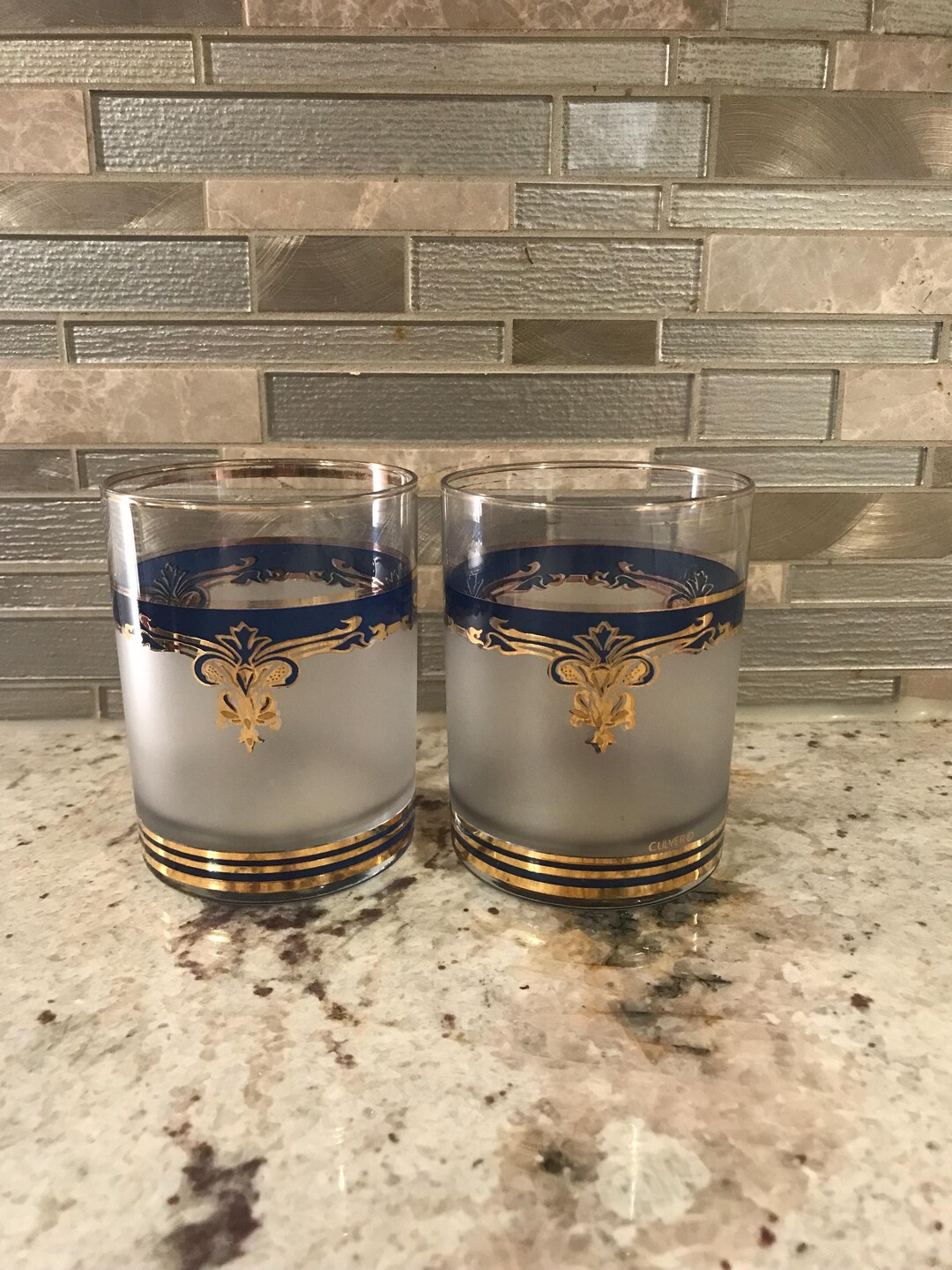 Pair of Culver 22K Blue Band Gold Scroll Accents Highball Glass Short ...