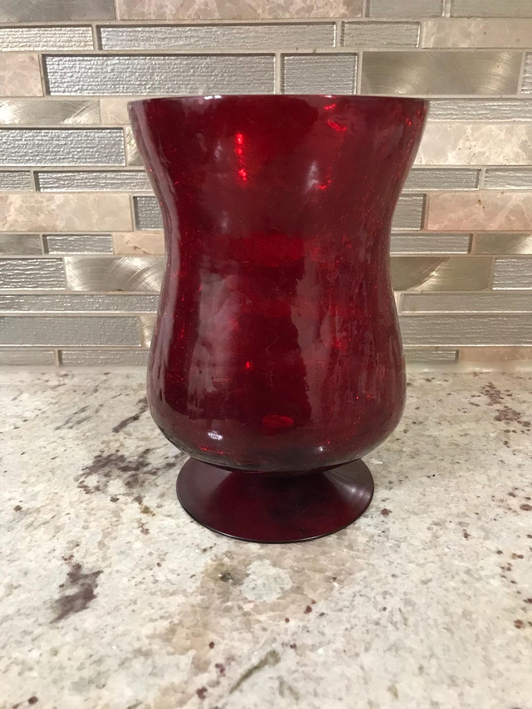 Red Hurricane Clear Glass Collectible Candle Holder Footed Decor Vase ...