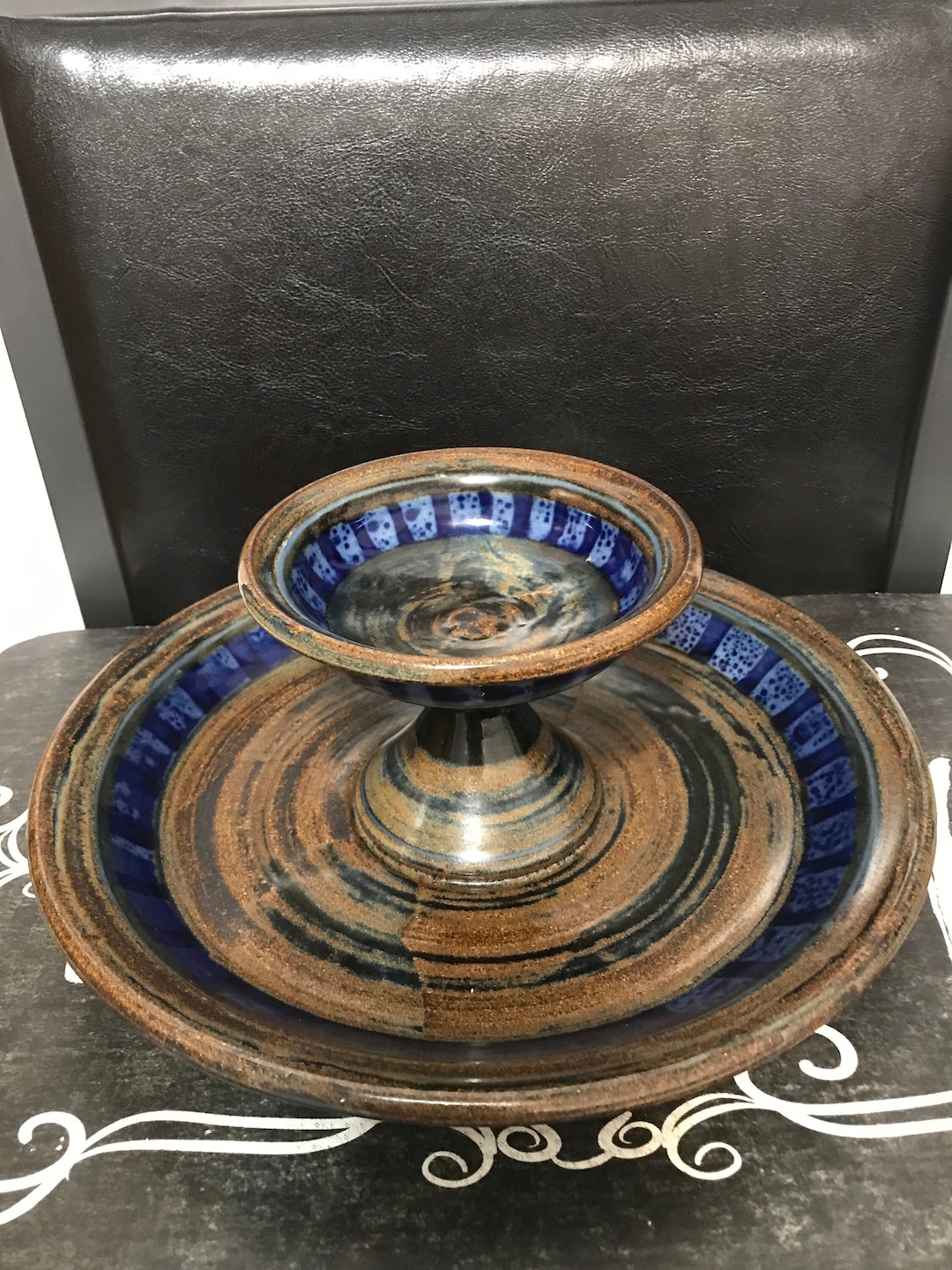 Steven Mahler Handmade Hand Painted Blue Brown Swirls Ceramic Pottery ...