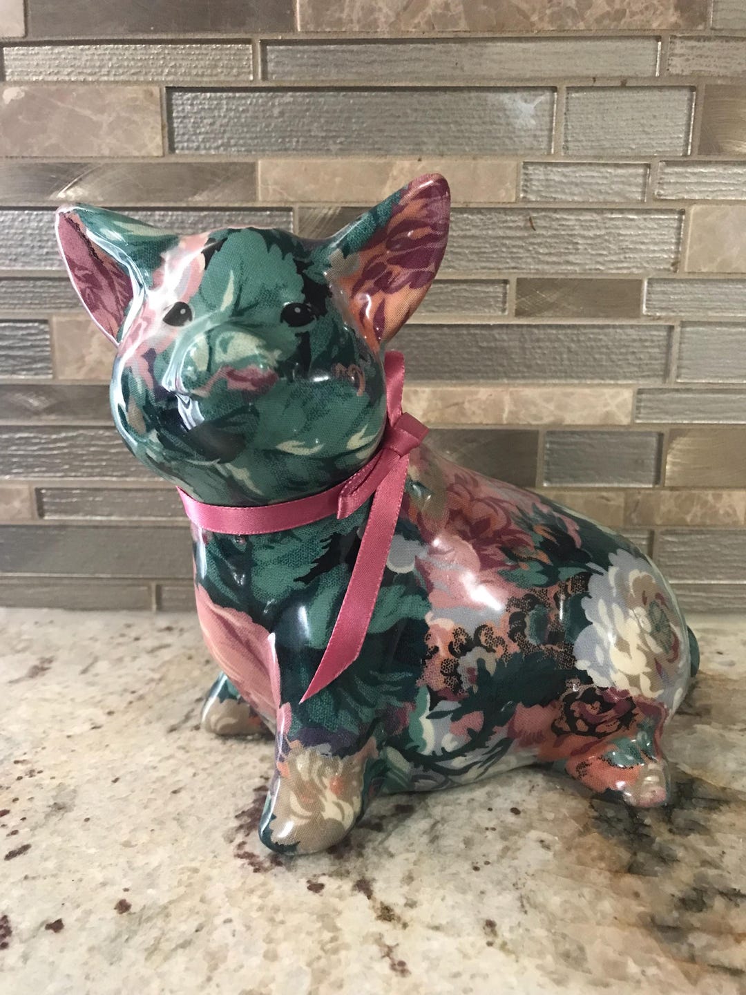 1990 Joan Baker Patchwork Green Pink Floral Pig Statue Ceramic Figurine ...