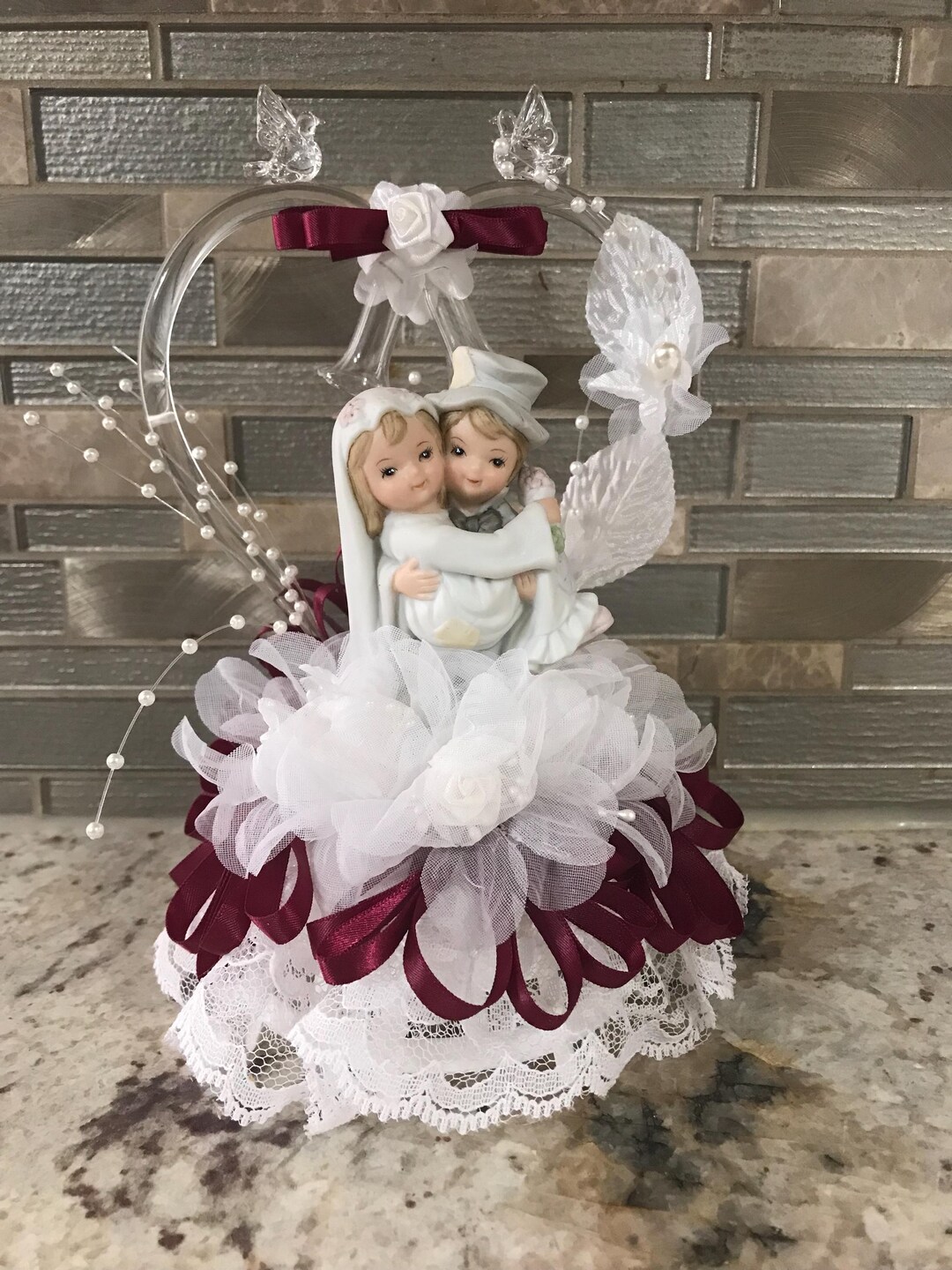 Lomey Child Bride and Groom Birds Heart White Lace Maroon Burgundy ...