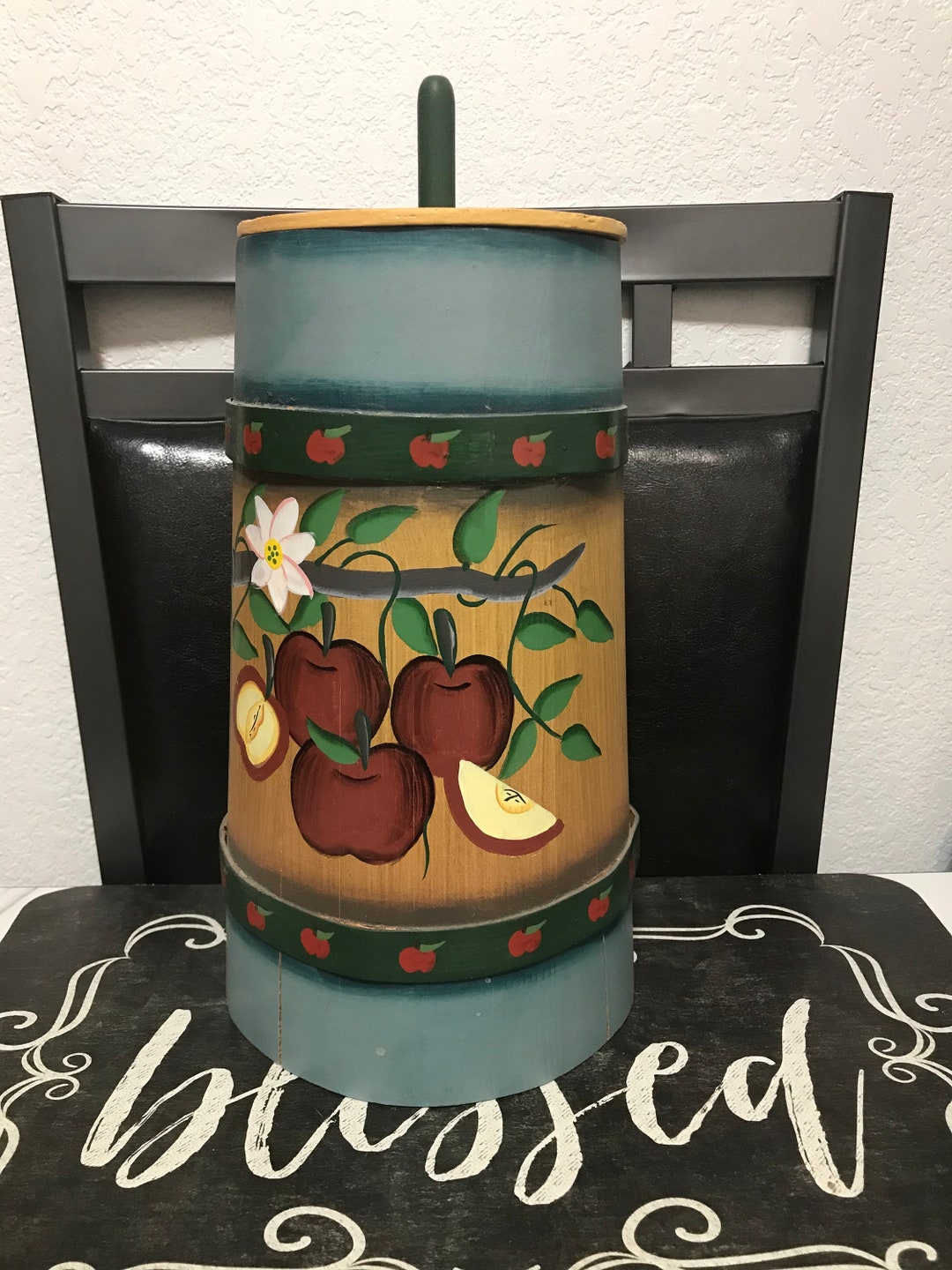Wooden Butter Churn Hand Painted Turquoise Blue Red Country Farm Apple ...
