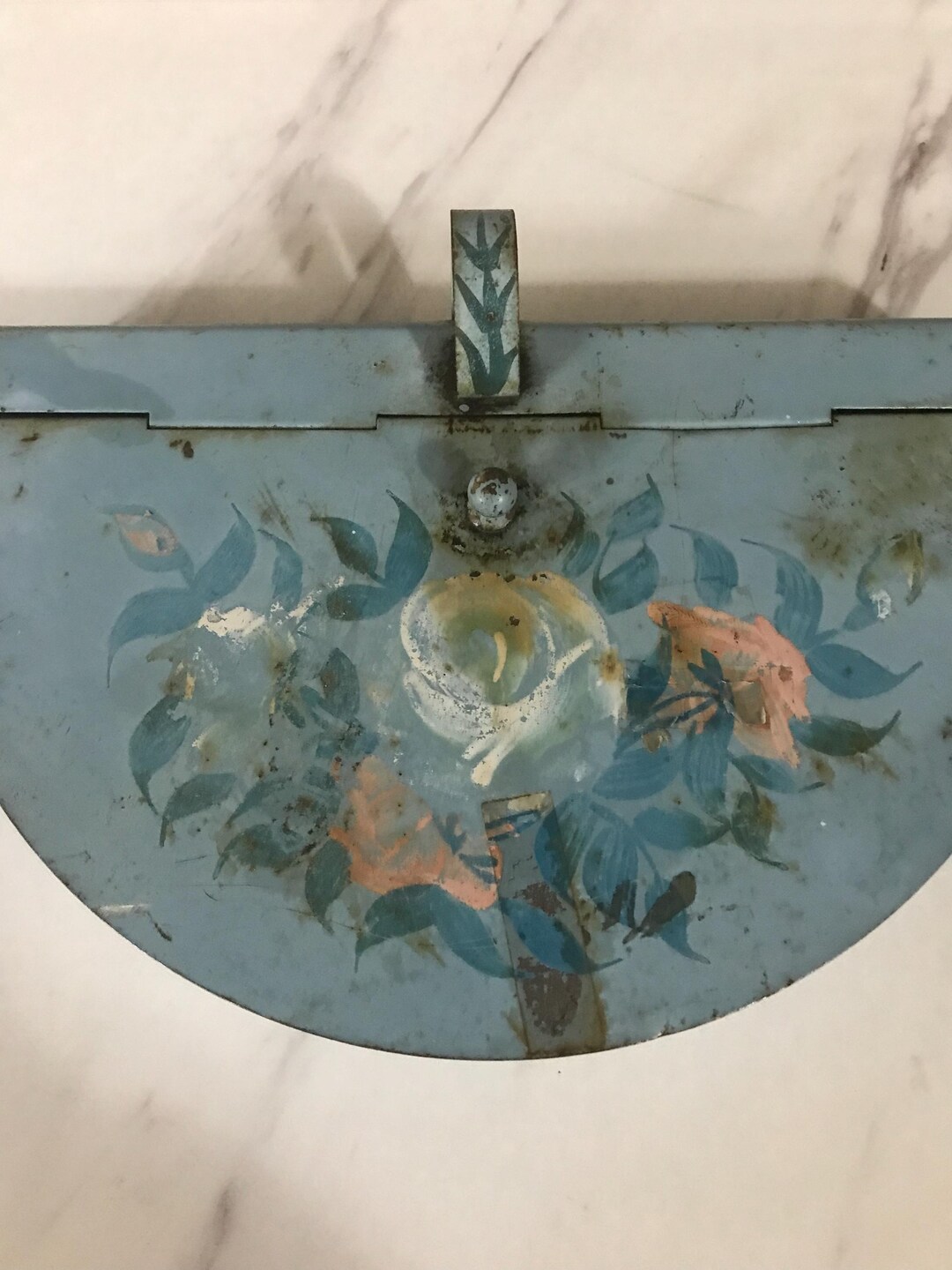 French Toleware Demilune Metal Container Box Blue and Floral With ...