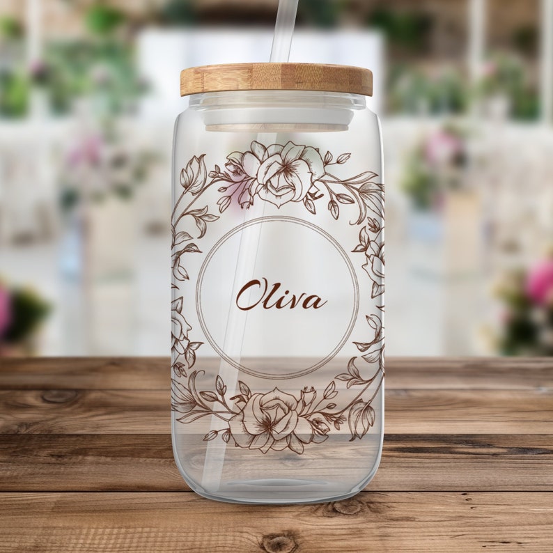 Personalized Iced Coffee Cup, Custom Name Floral Design 16oz Can Glass ...