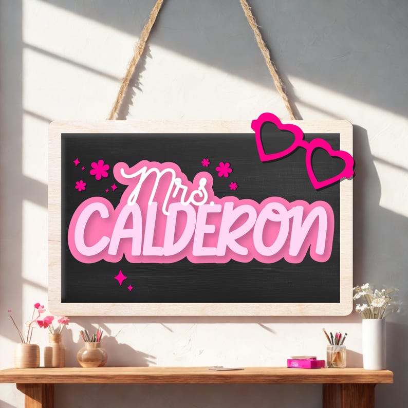 Personalized 3D Teacher Name Door Hanger, Pink Chalkboard Classroom ...