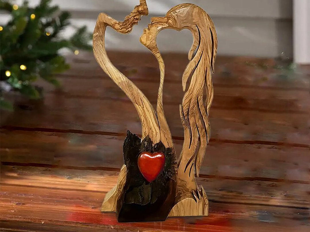 Eternal Wooden Kiss Couple Statue Handcrafted Solid Wood Sculpture for ...