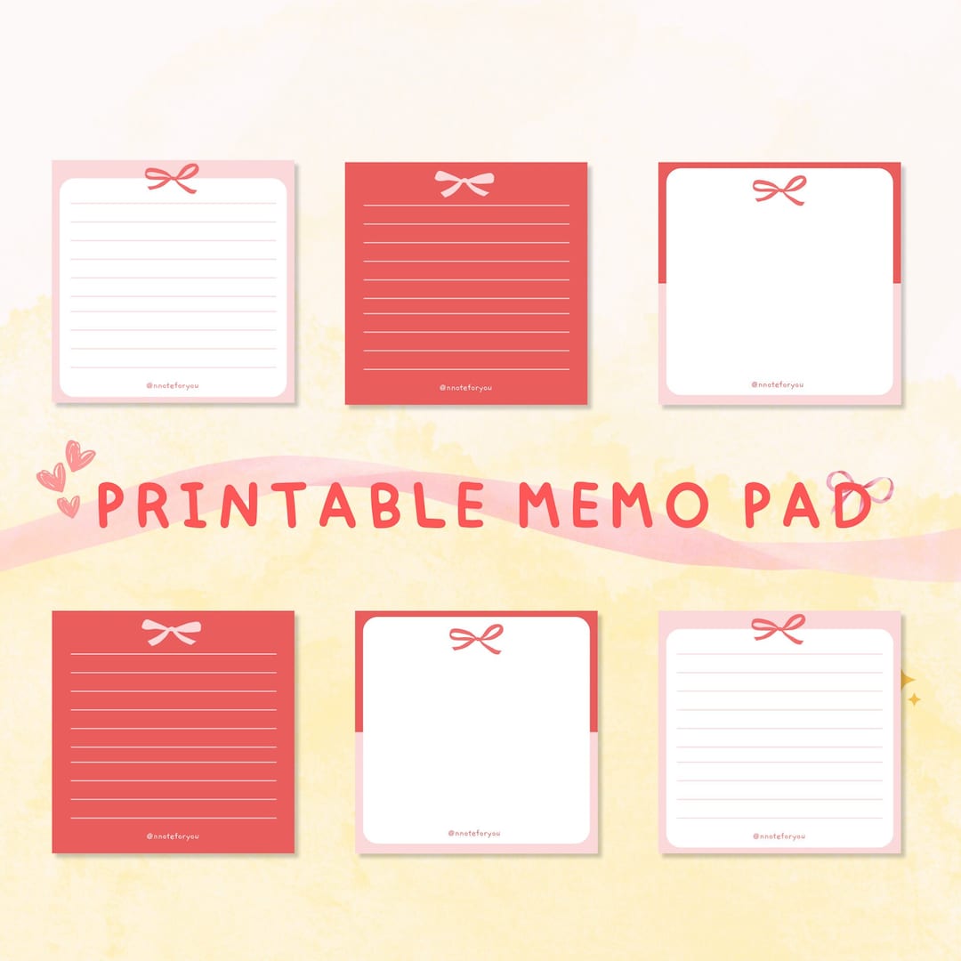 Bow Printable Memo Pads, Digital Download Memo Pads, Cute Printable ...