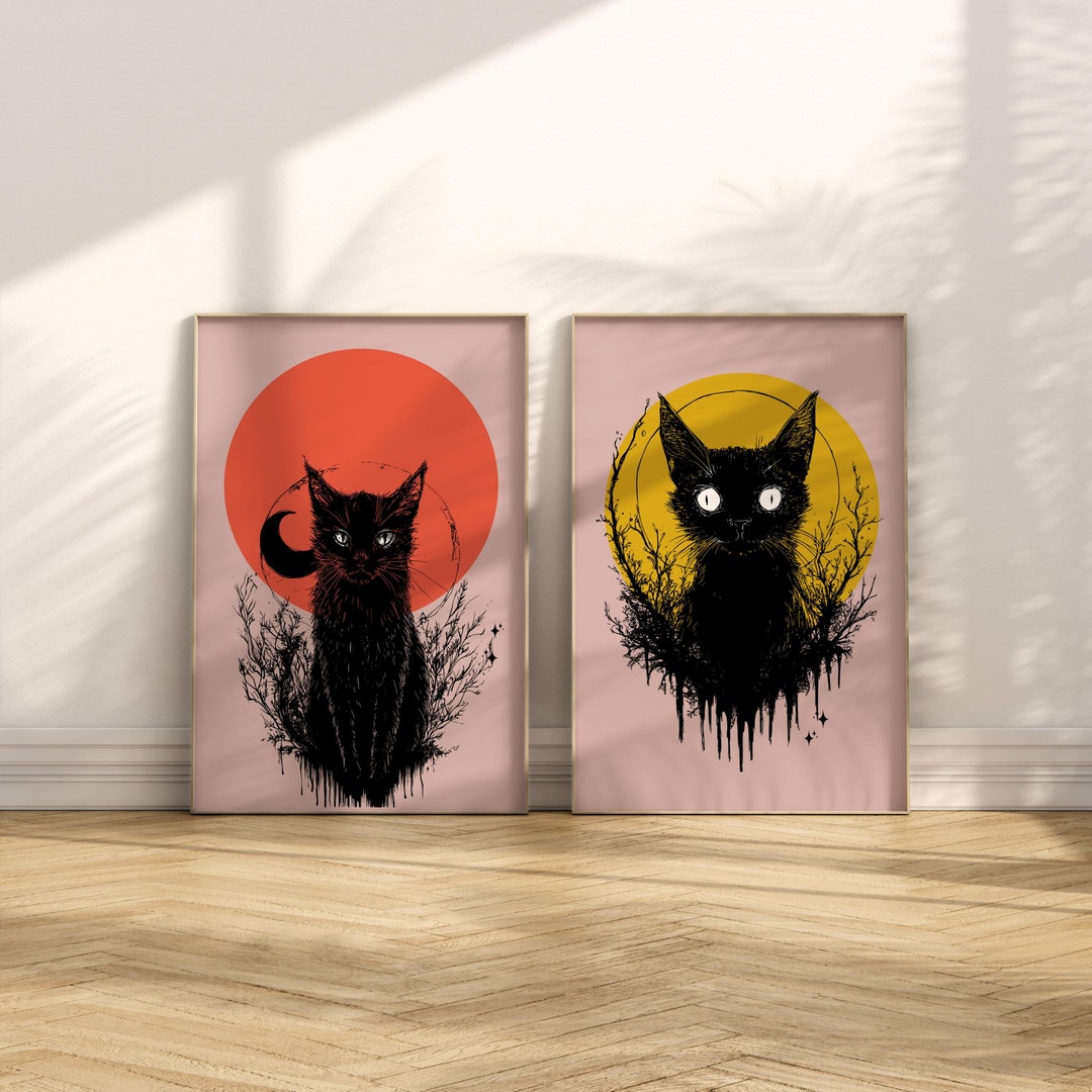 Set of 2 Halloween Cats Printable Wall Art: Black Cat Poster, Halloween ...