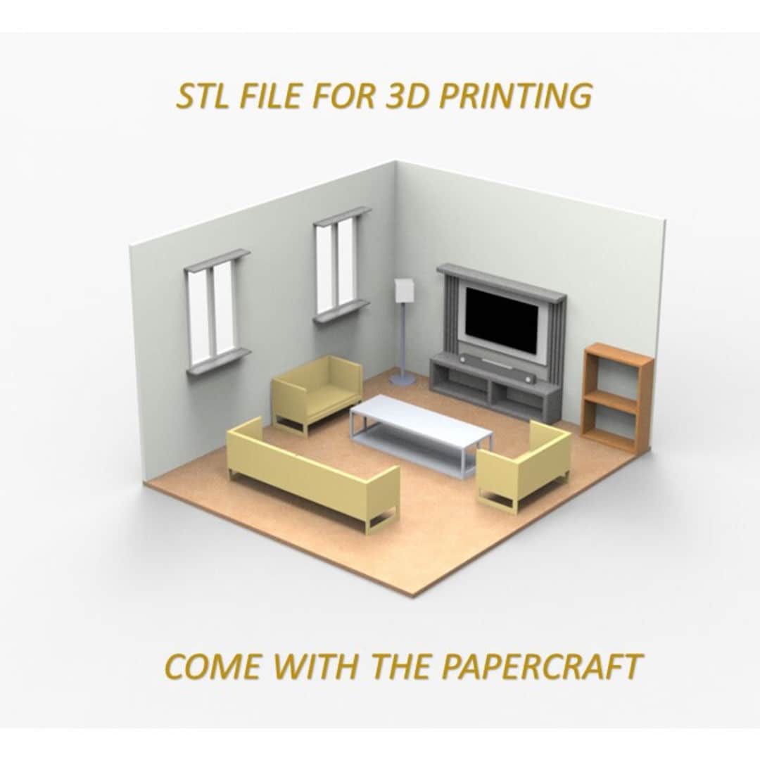 3D Living Room, Papercraft Living Room, Lasercut, 3D Print Isometric ...