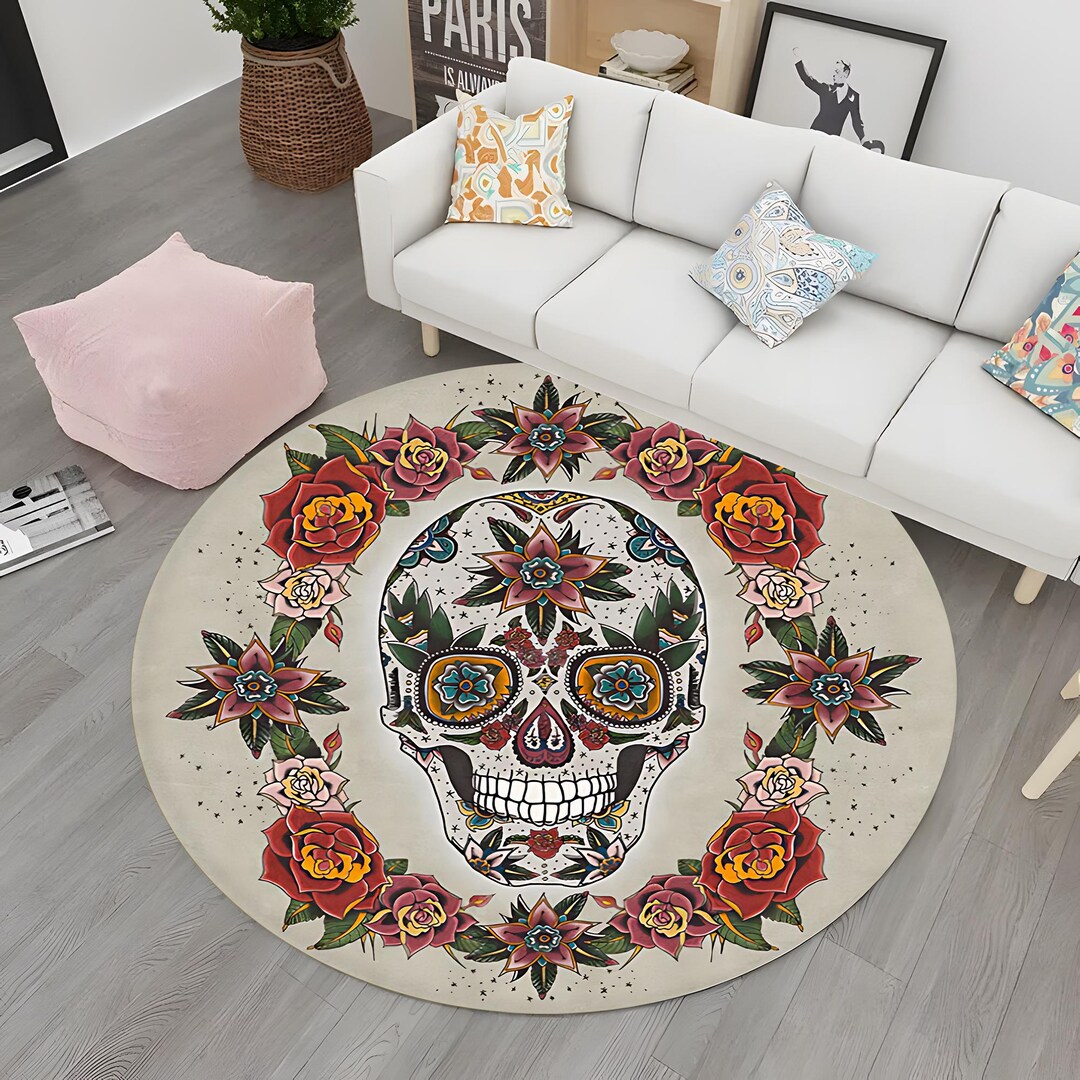 Skull Pattern Rug,round Rug,sugar Skull Bloom Rug,dark Red Gothic Rug ...