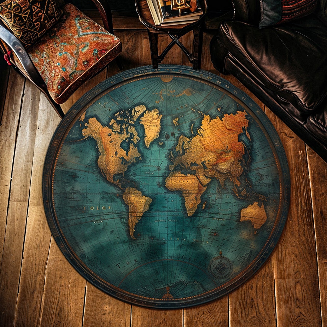 Round Rug, World Map Rug, Globe Design Rug, Geography Decor, Travel ...