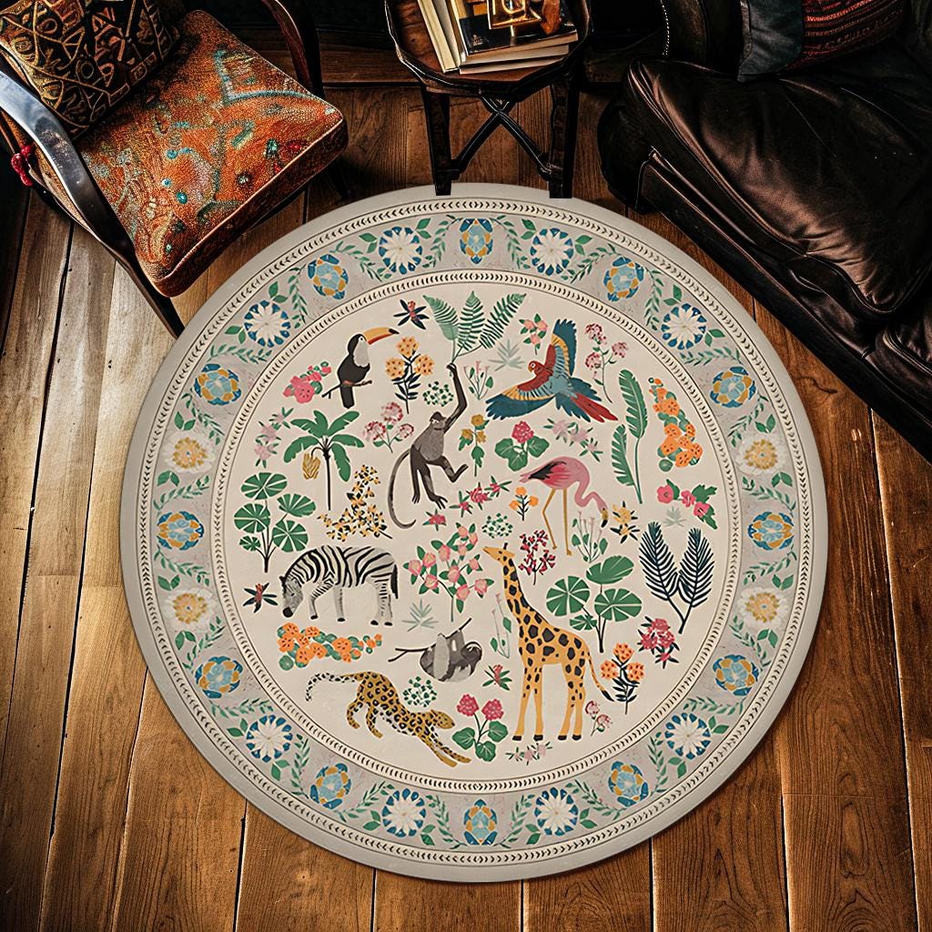 Animal Print Rug,round Rug,tropical Jungle Rug,kids Rugs,animal Design ...