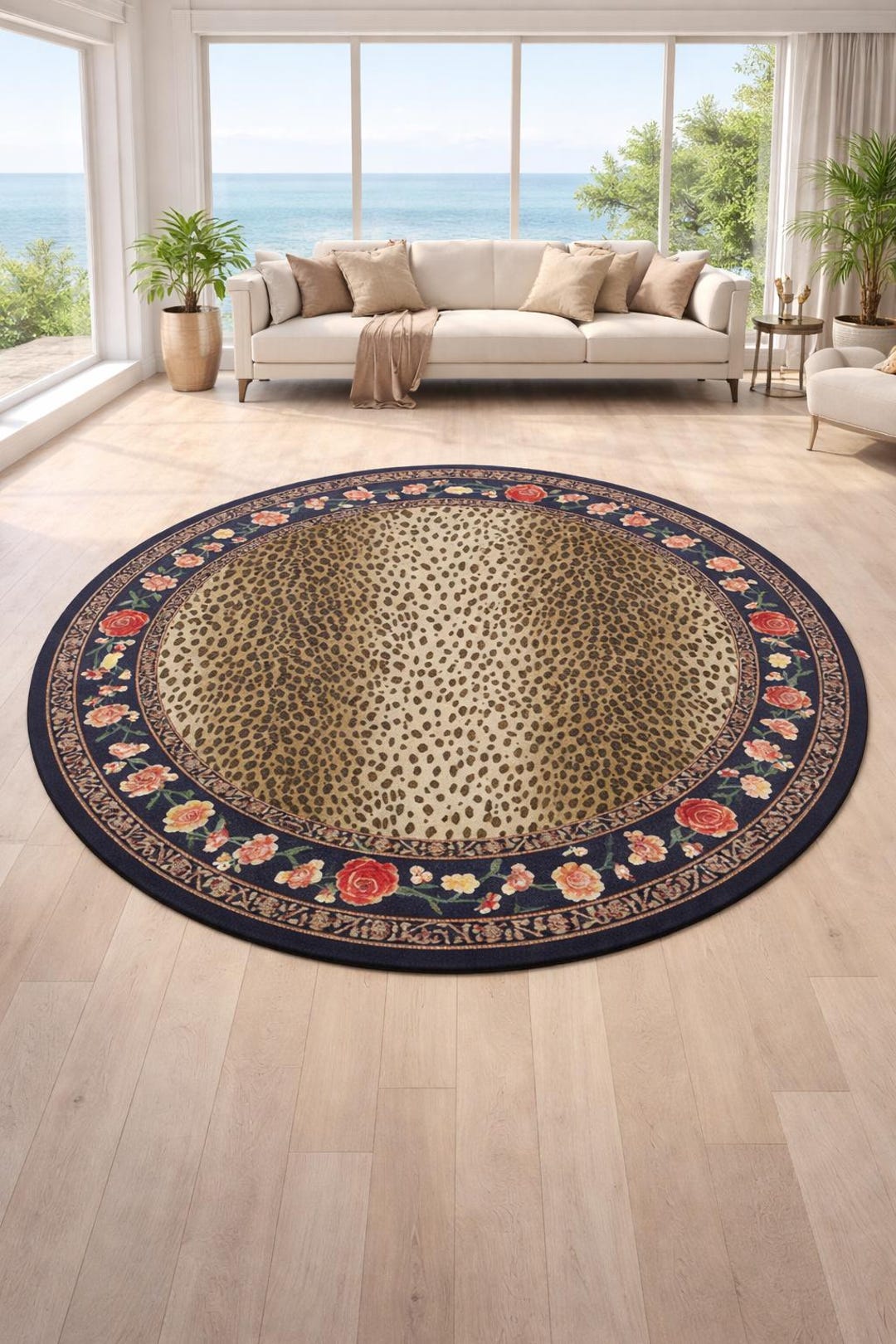 Leopard Print Round Area Rug With Floral Border, Vintage Animal Pattern ...