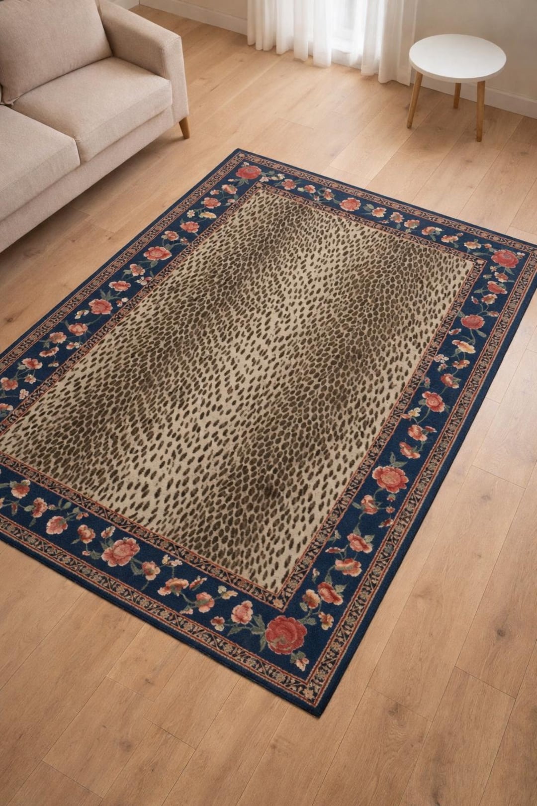 Leopard Print Area Rug With Floral Border, Vintage Safari Carpet ...