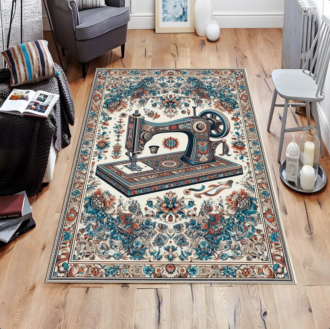 Sewing Machine Design, Retro Rug, Vintage Rug, Craft Rug, Contemporary ...