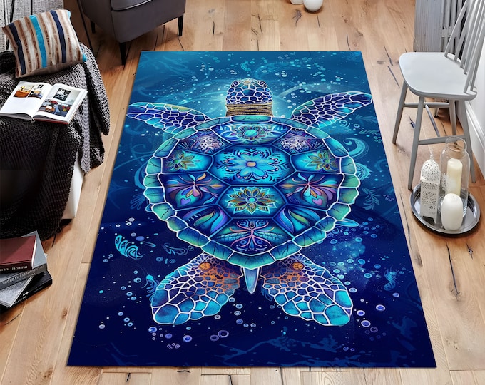 Sea Turtle Decor Rug, Vintage Art Deco Turtle and Flowers Rug, Green ...